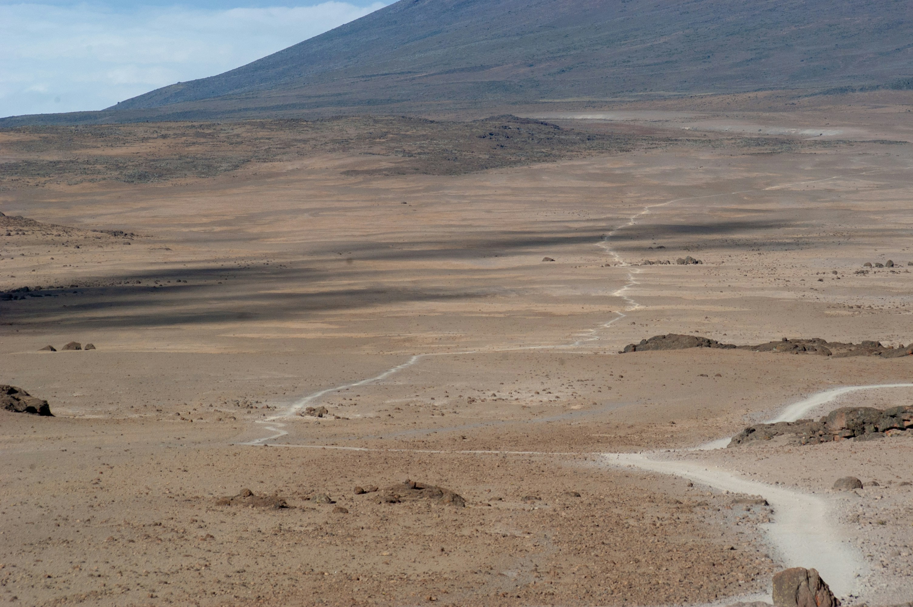 Meandering paths cross a vast desert landscape leading towards a distant mountain under a blue sky.