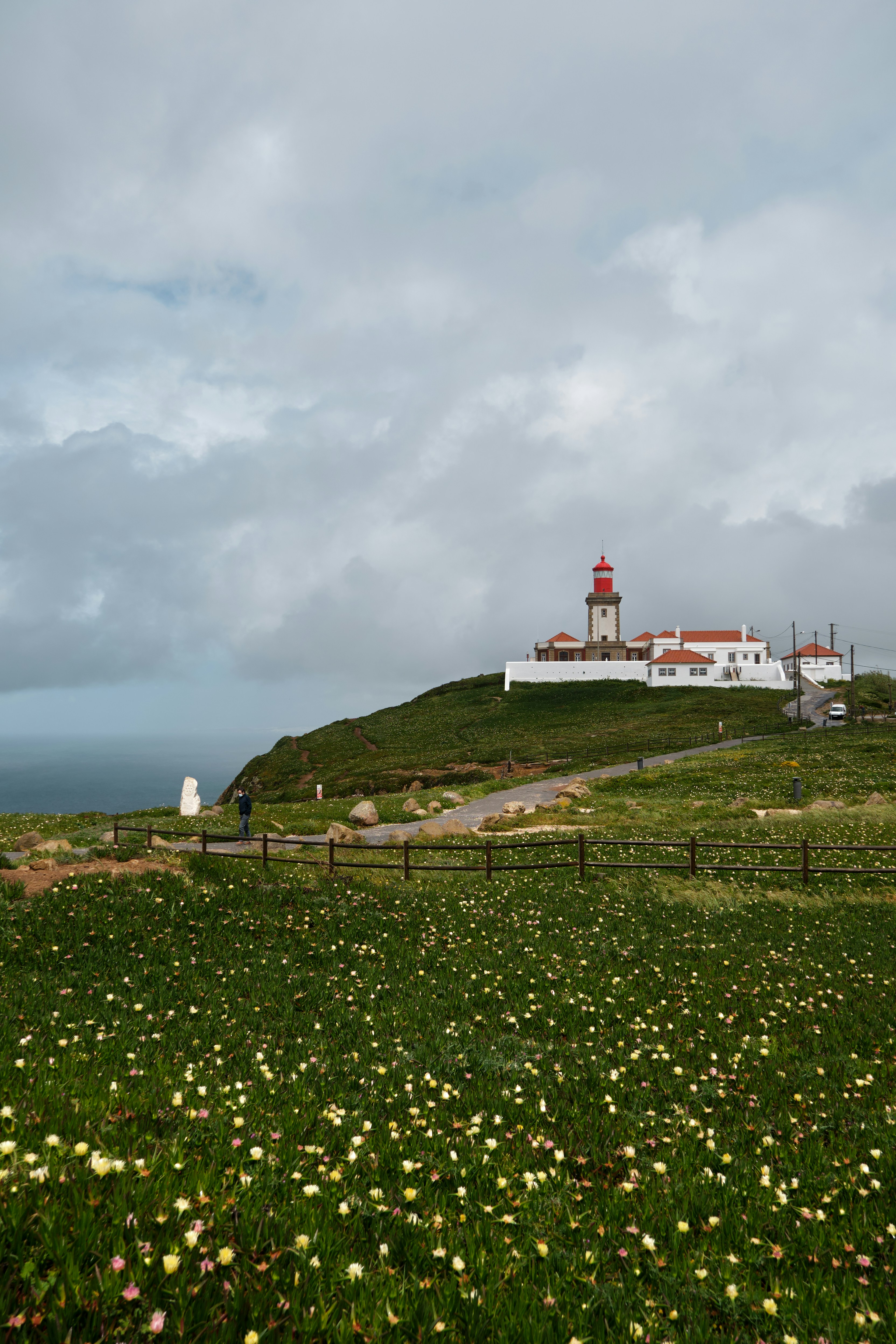 Cliffside Lighthouse Over a Meadowed Coast