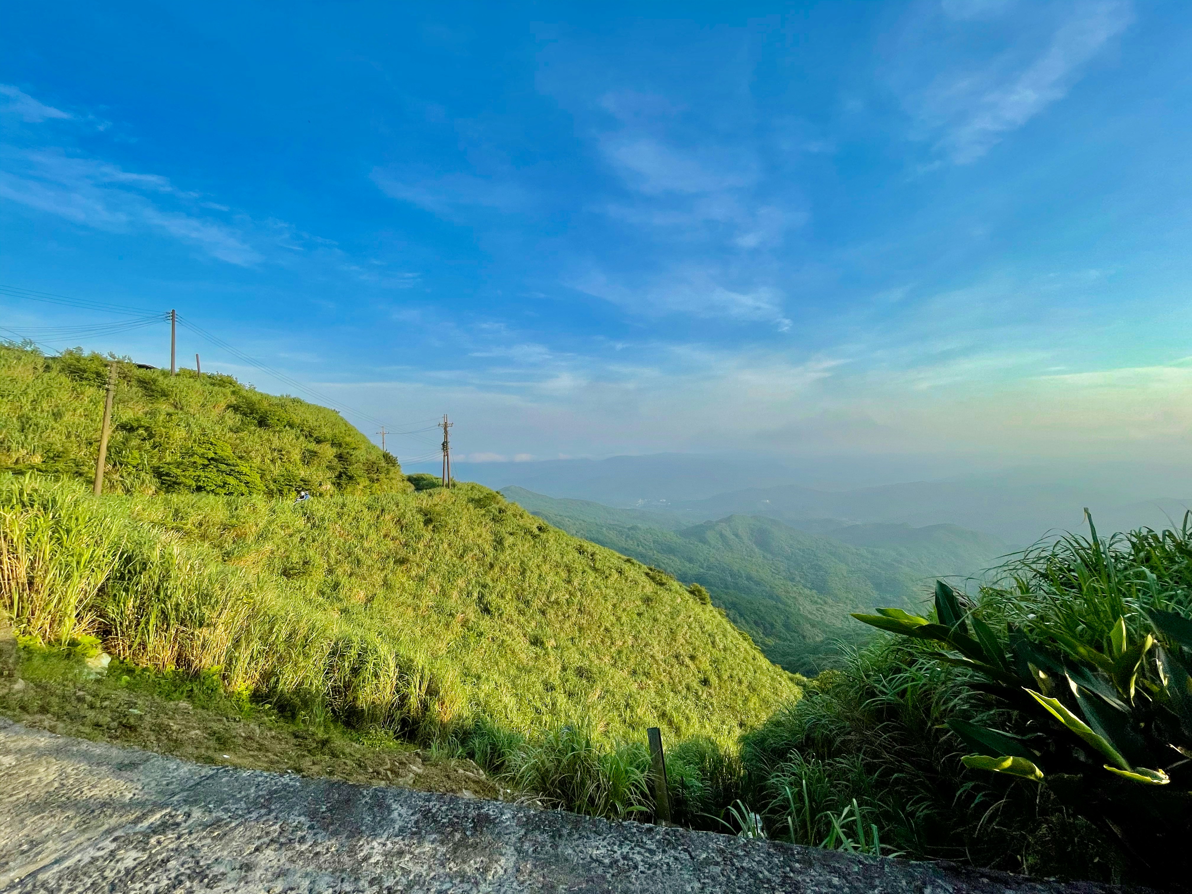 Lush green hills stretch into the distance under a clear blue sky, with a winding road visible in the foreground. The scene evokes a sense of tranquility and connection with nature.