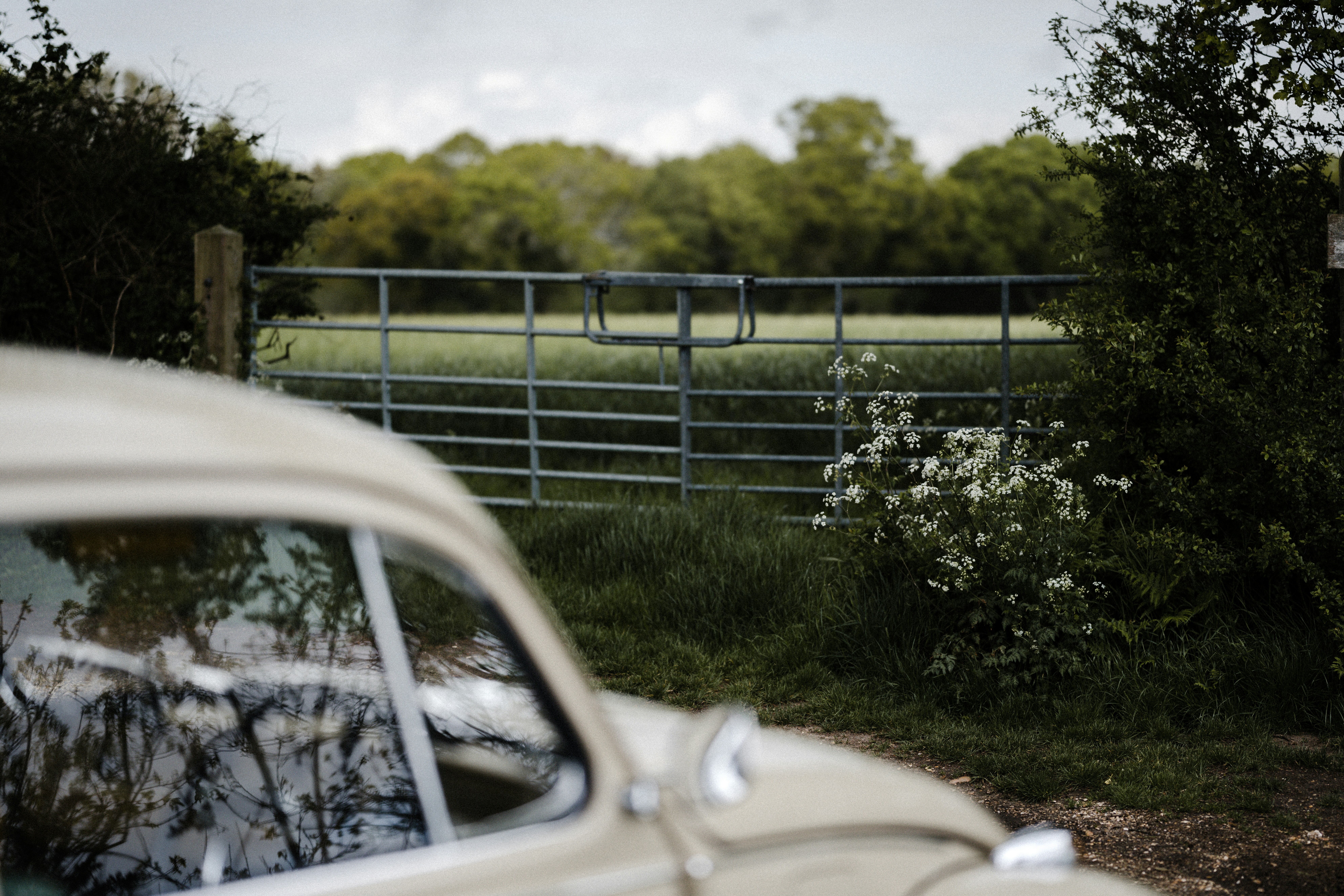 Pasture Gate Framed by a Blurred Vintage Car