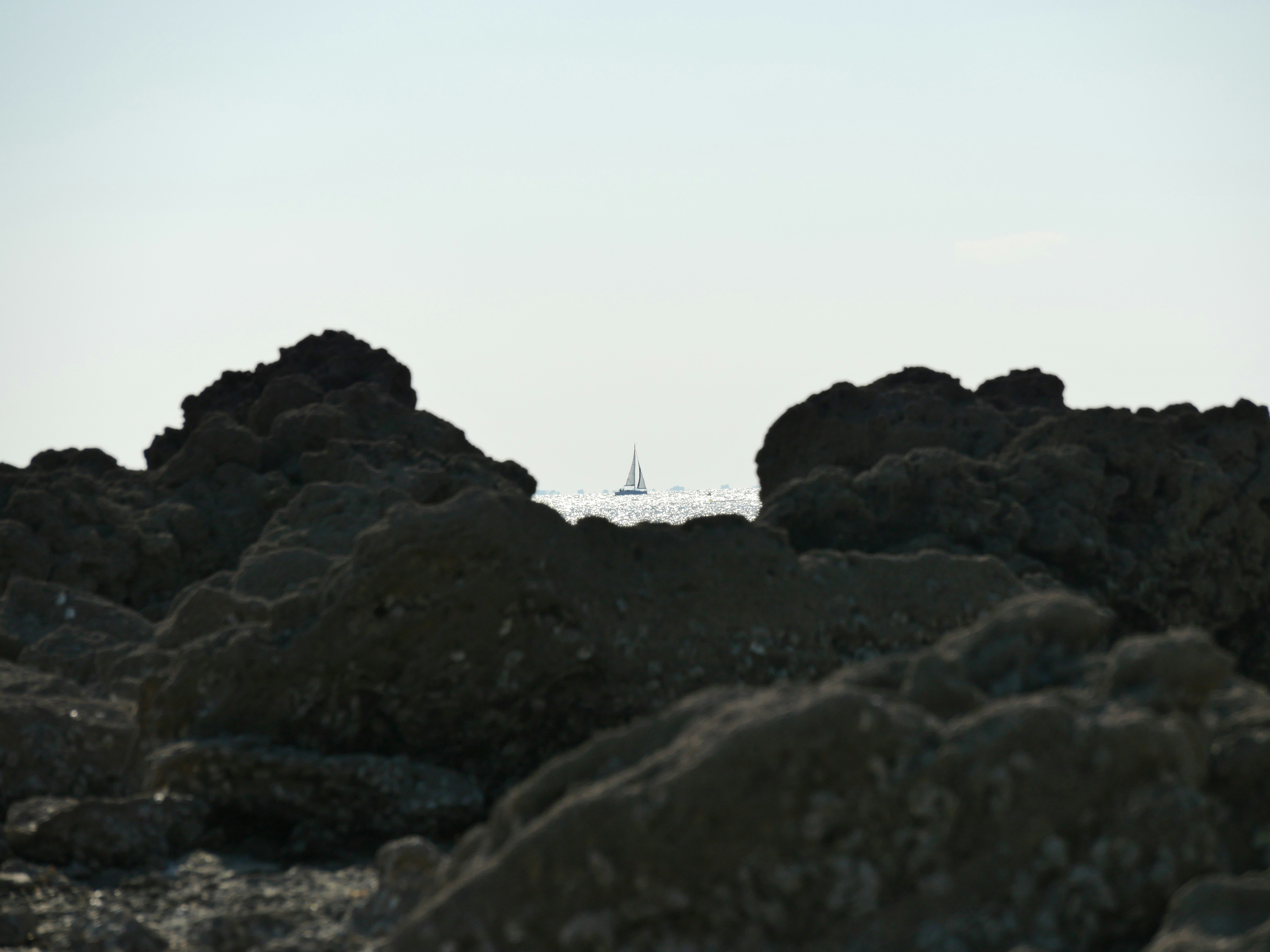 Sailboat on a Quiet Horizon Beyond the Rugged Shore