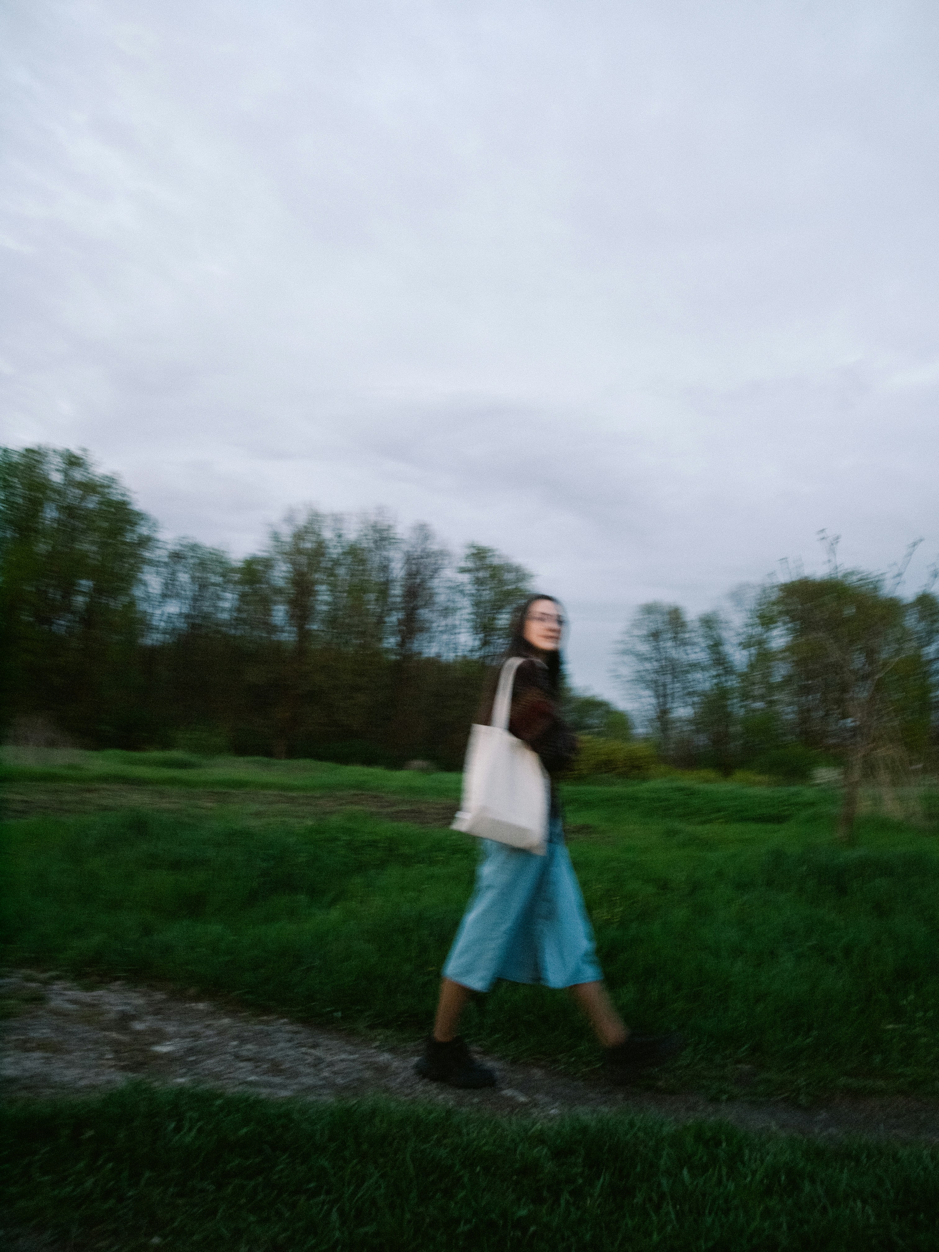 A woman in a flowing outfit walks along a grassy path, her movement captured in a soft blur against the backdrop of a twilight sky.