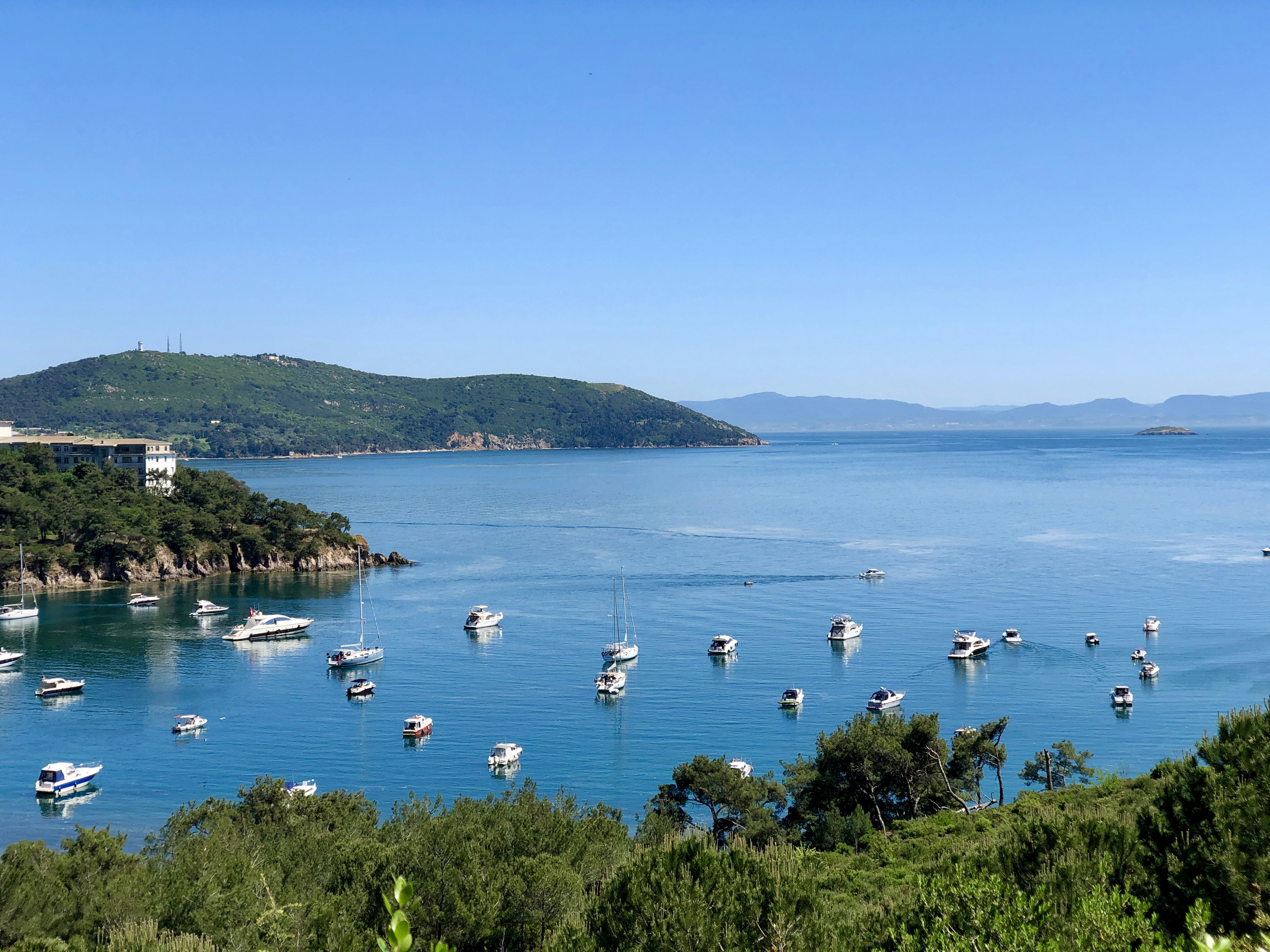 A tranquil bay dotted with boats, framed by lush greenery and distant hills under a clear blue sky.