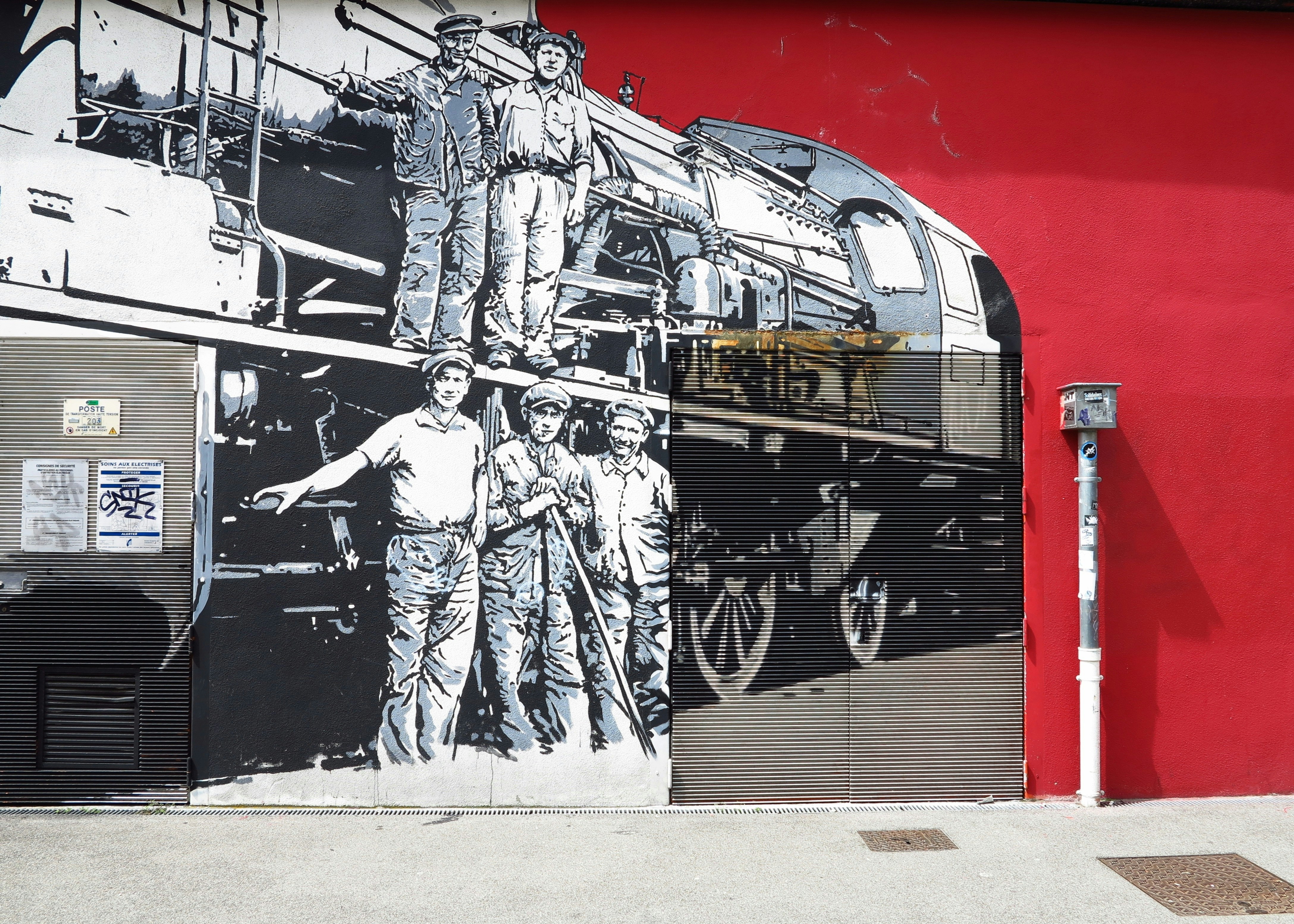Steam and Steamers: A Black-and-White Railyard Mosaic on Red
