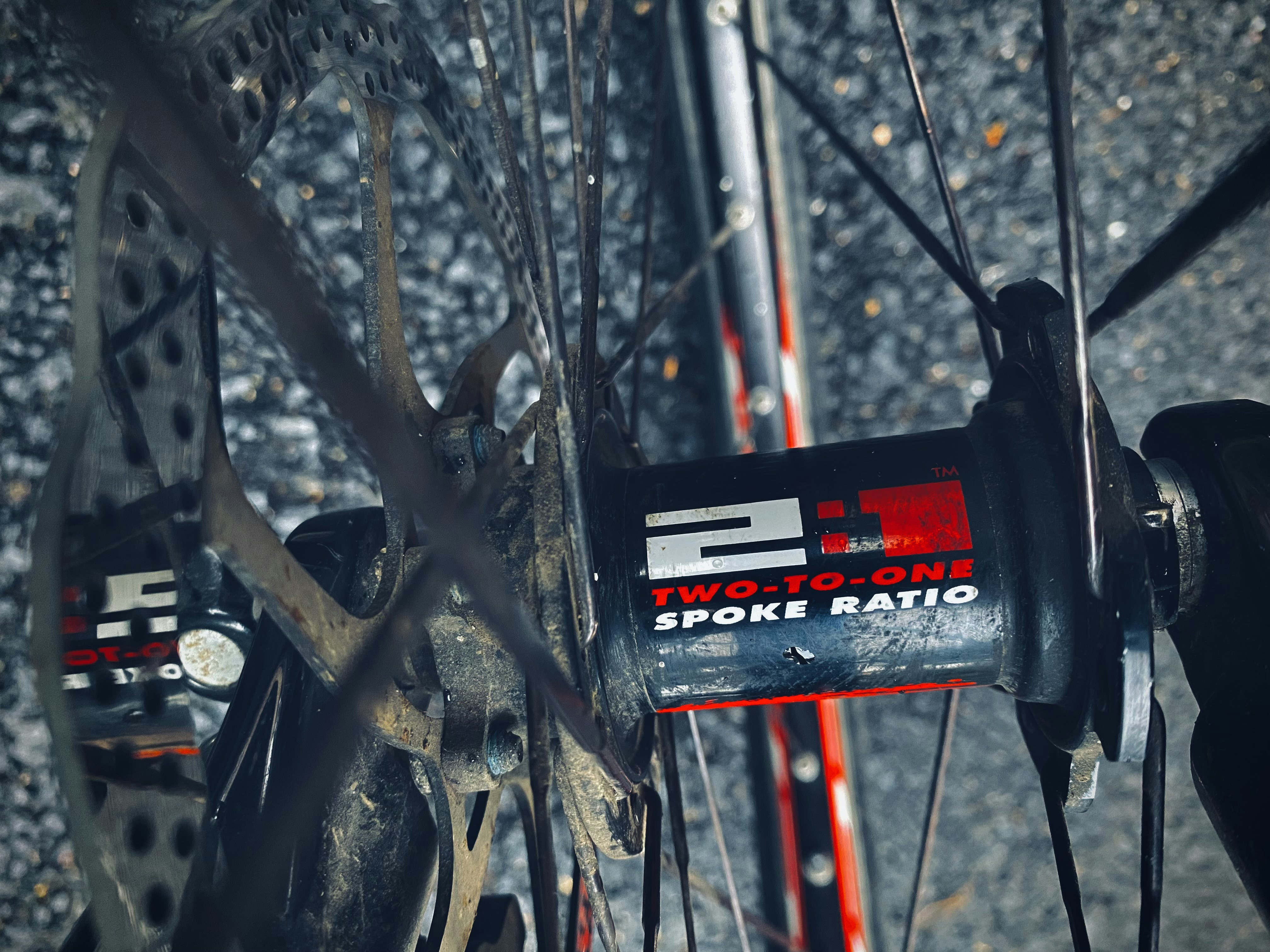 Close-up of a bicycle hub and tangled spokes on rain-damp asphalt