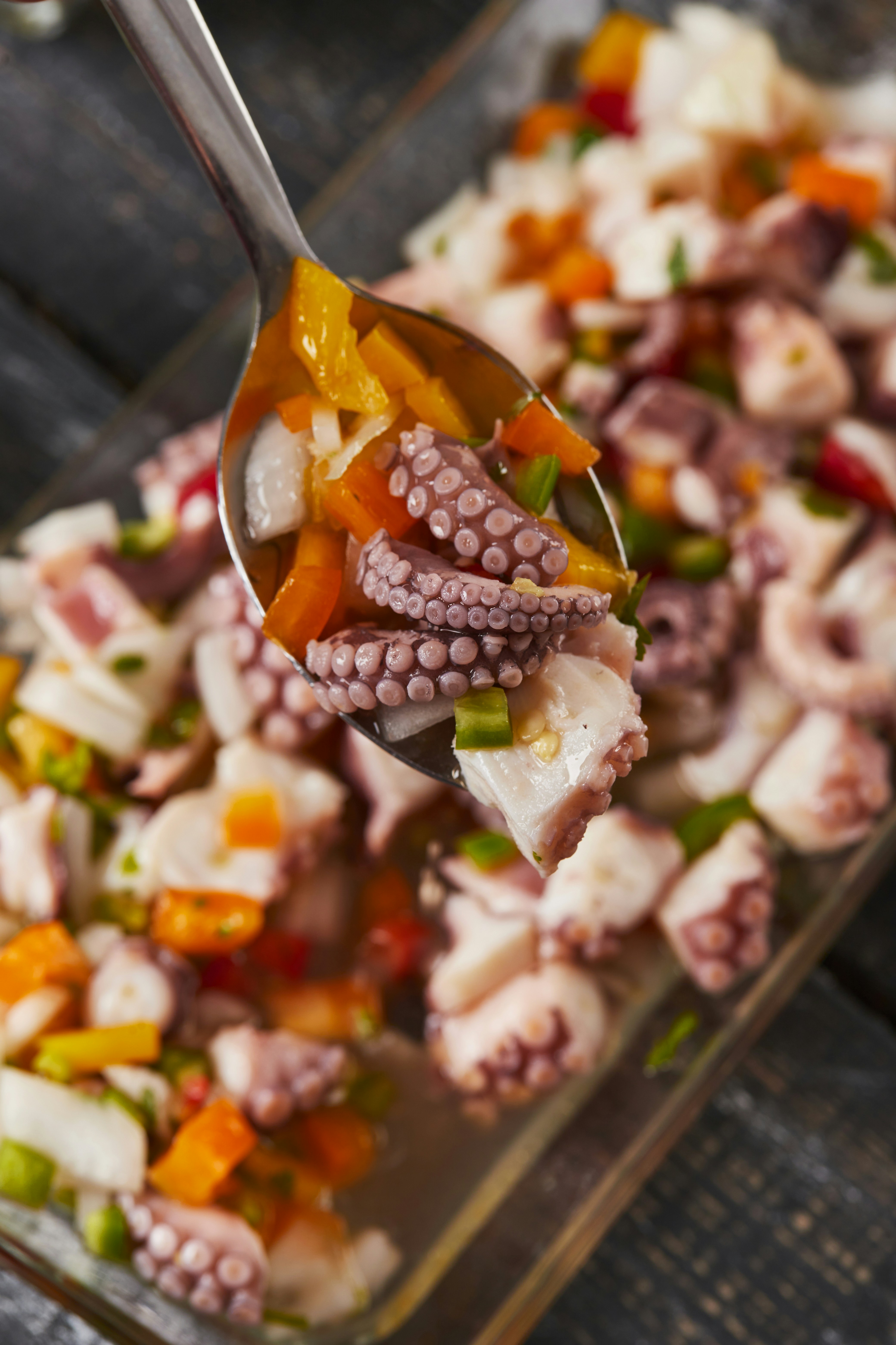 Sea Palette on a Spoon: Octopus and Veggie Mosaic in a Glass Dish