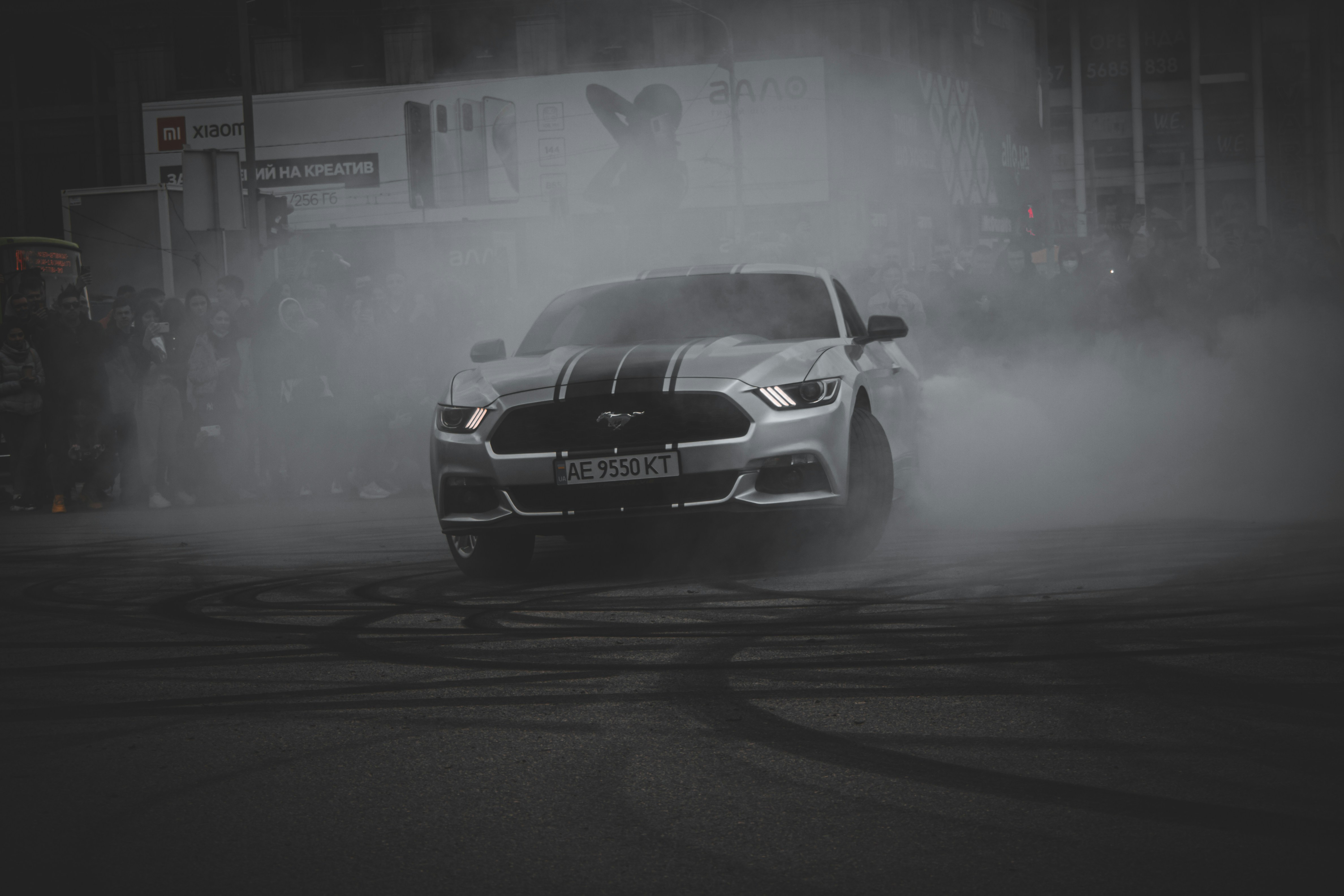 Neon Drift: A Mustang Breaks Through the Fog