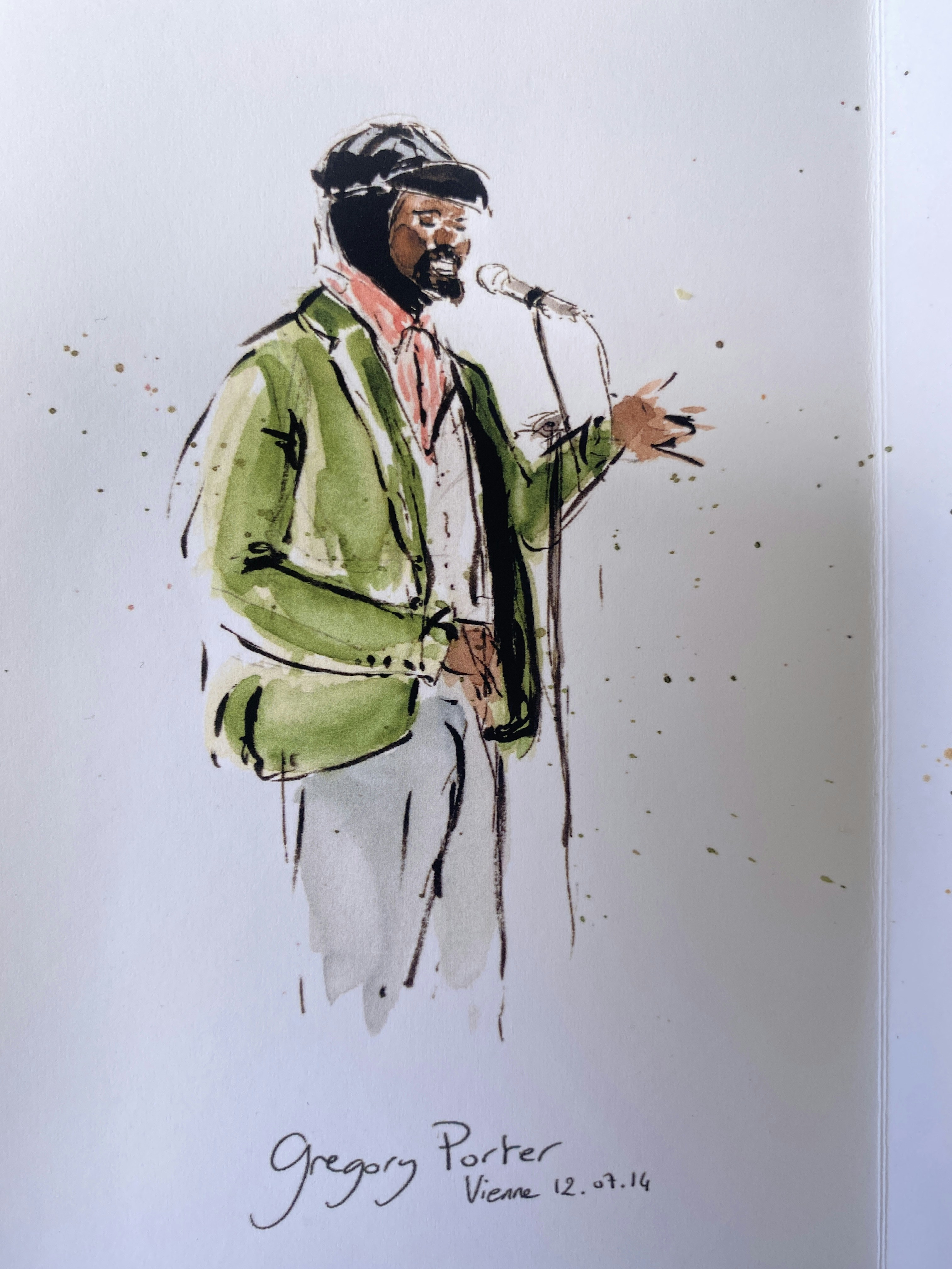Watercolor illustration of a man singing passionately into a microphone, wearing a green jacket and a cap. The artwork captures the essence of a live music performance.