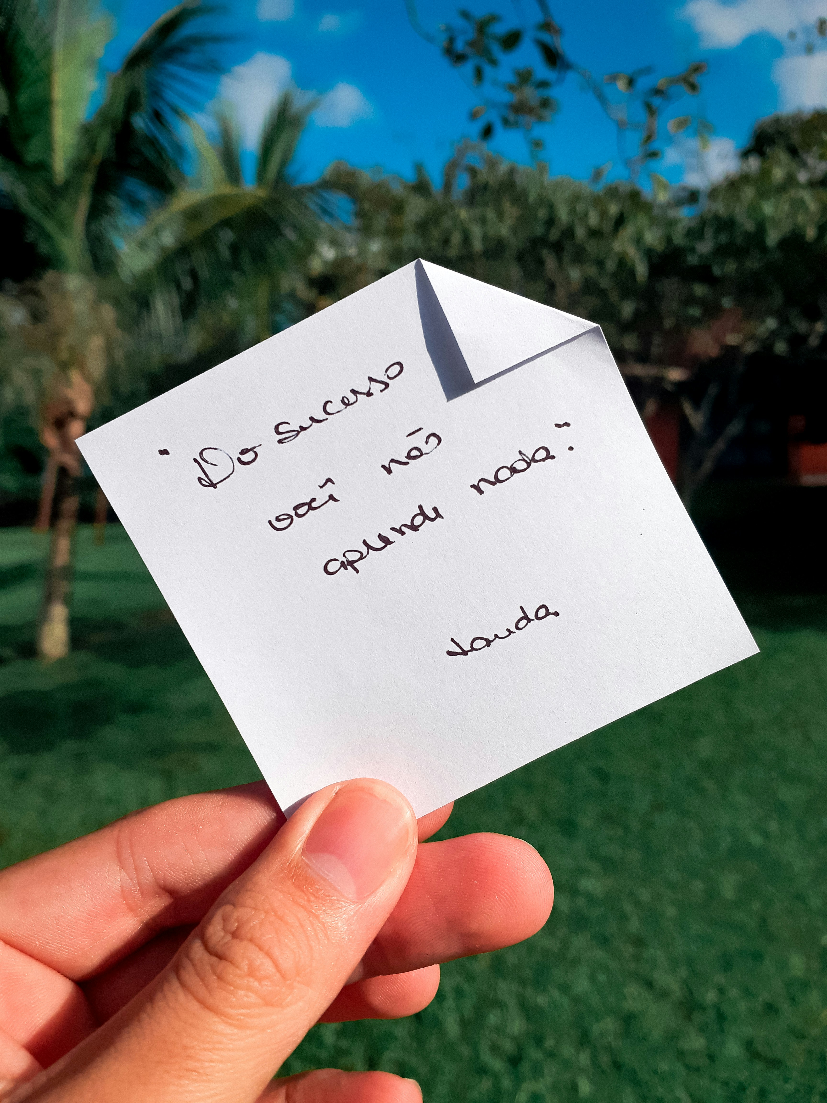 Message in a Moment: A Folded Note Anchored by Hand and Sunlit Garden