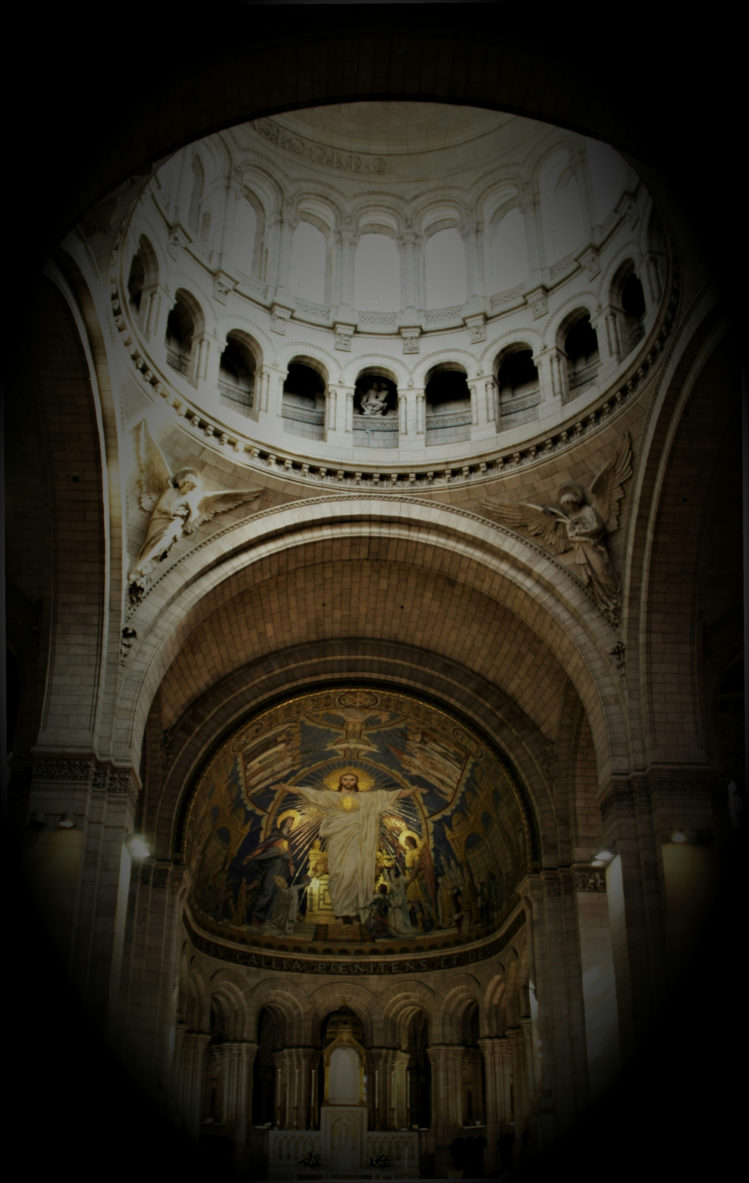 Intricate mural depicting a celestial scene within a grand cathedral, showcasing architectural elegance and spiritual reverence.
