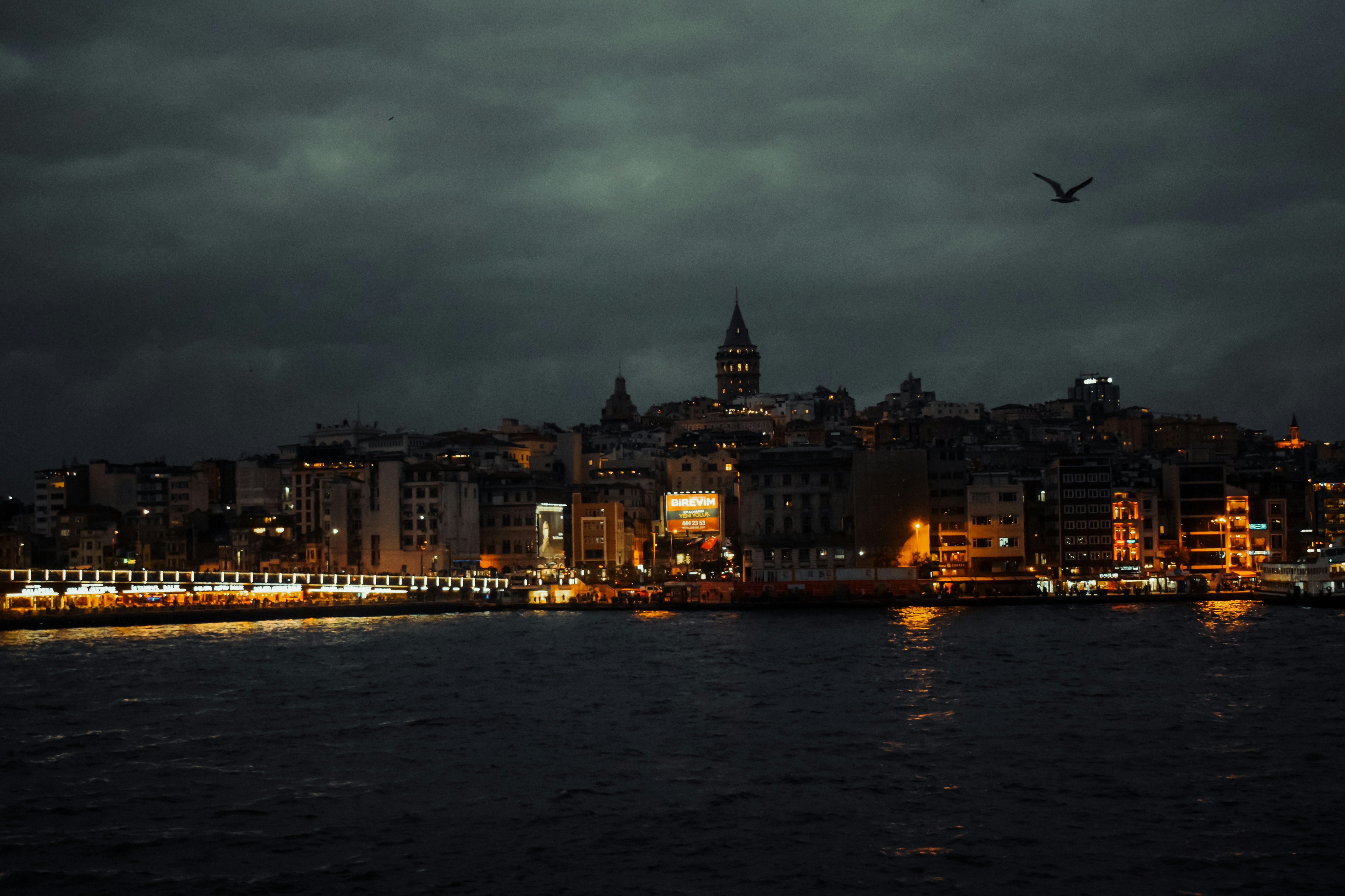 Night harbor lights: a quiet cityscape along the dark water