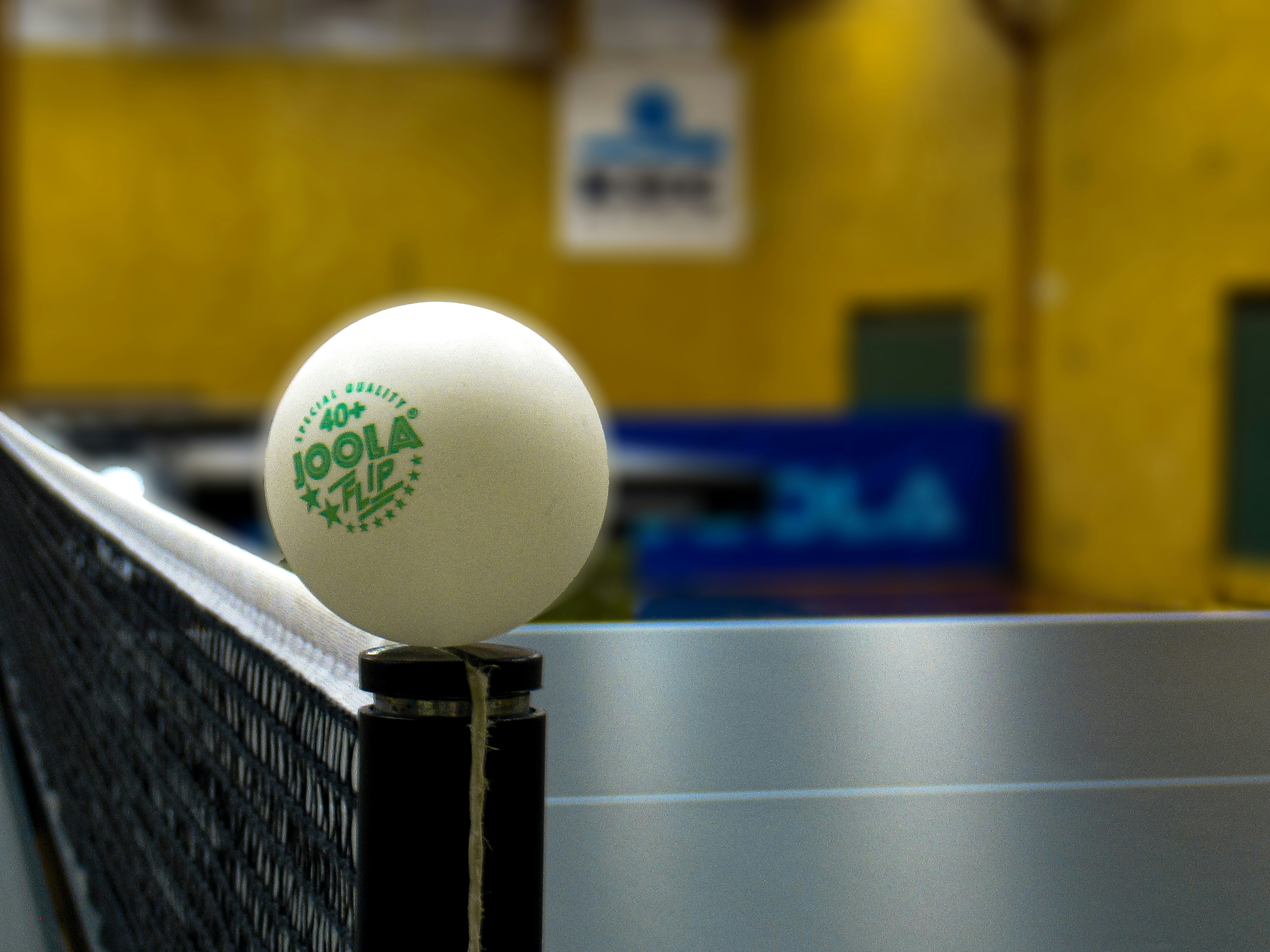 White ping pong ball perched on the edge of a table tennis net in a vibrant indoor setting. The blurred background emphasizes the focus on the ball.
