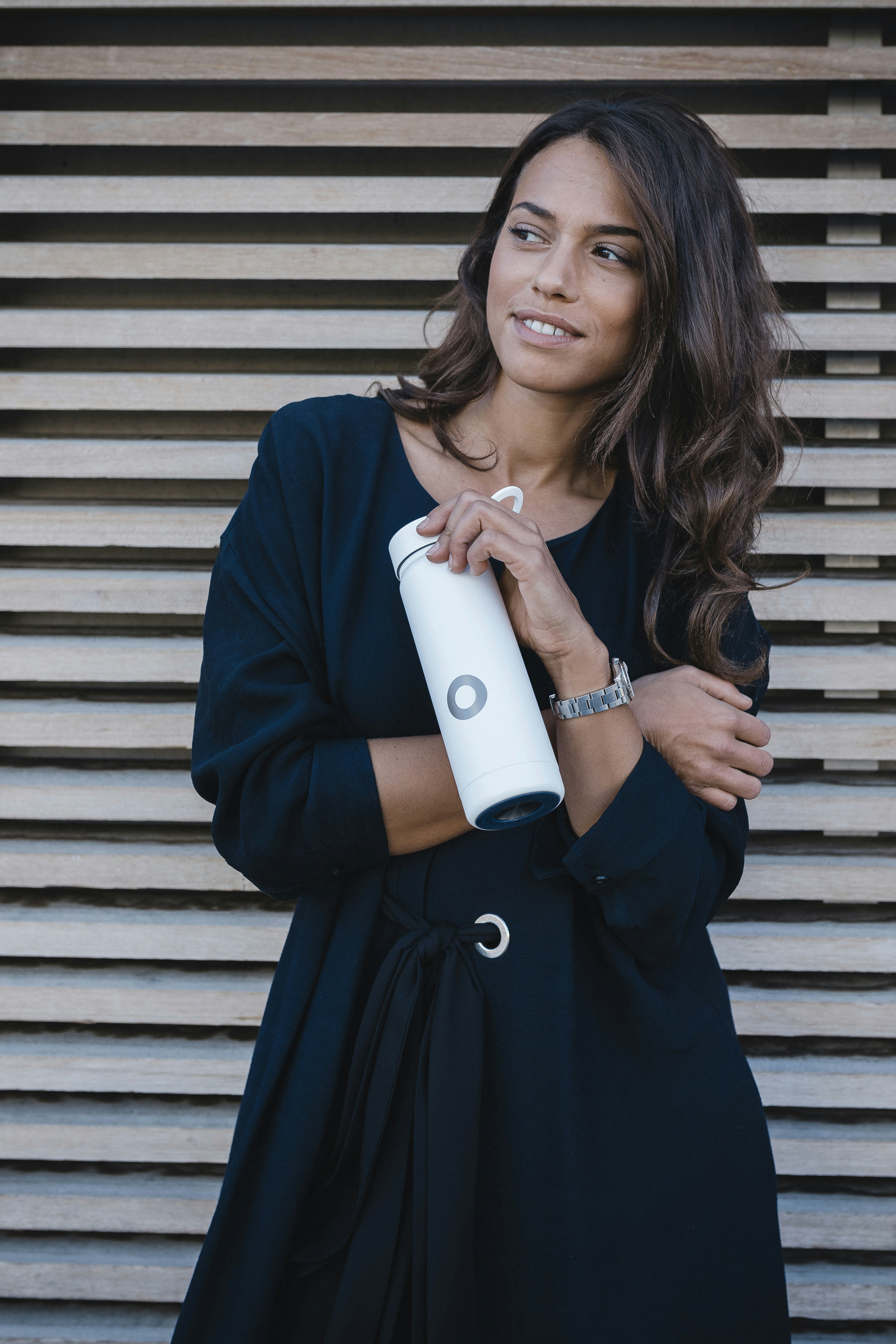 Woman in blue long sleeve dress holding white cup photo – Free Côte d ...