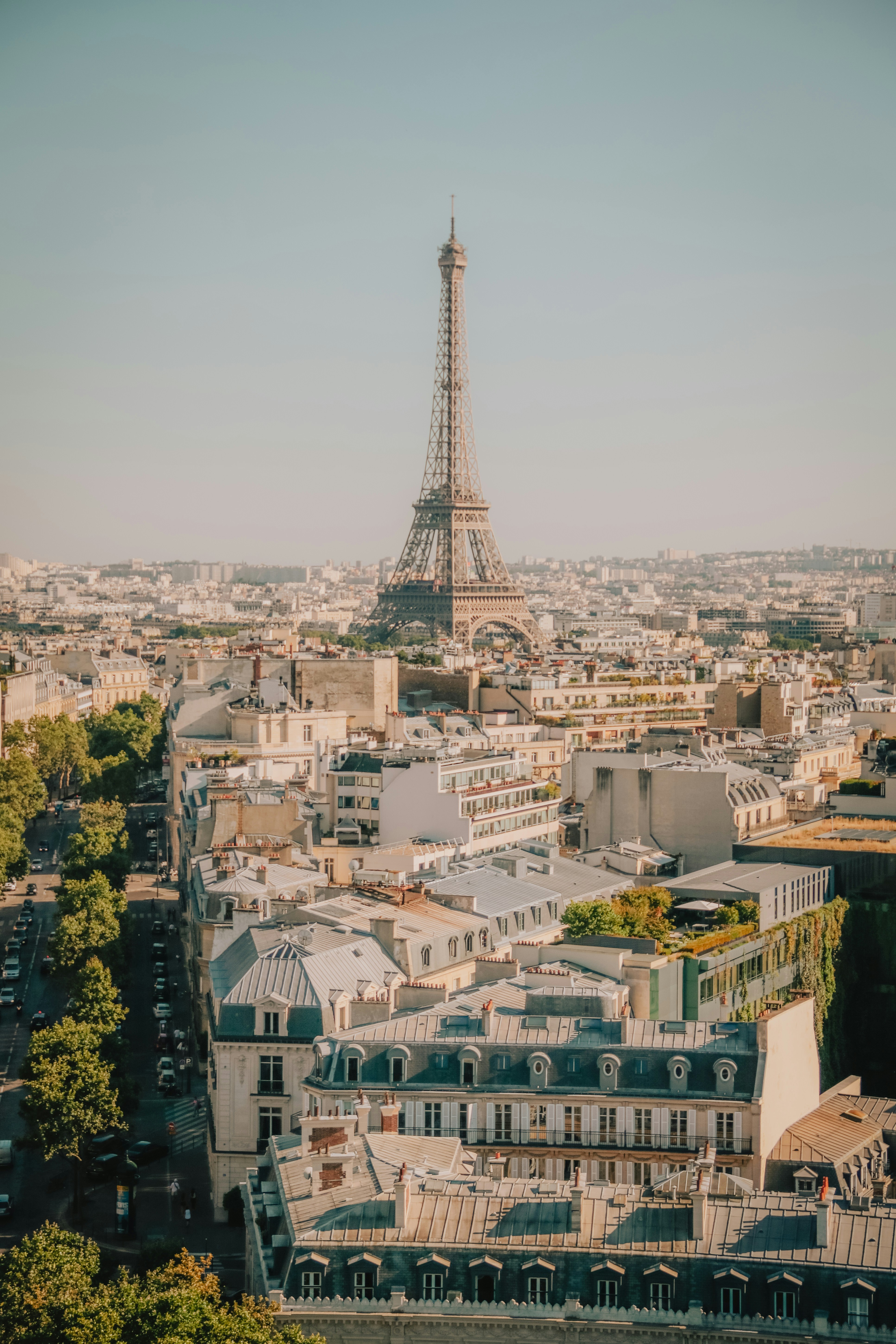 Aerial view of Paris showcasing the Eiffel Tower surrounded by classic architecture and tree-lined streets.