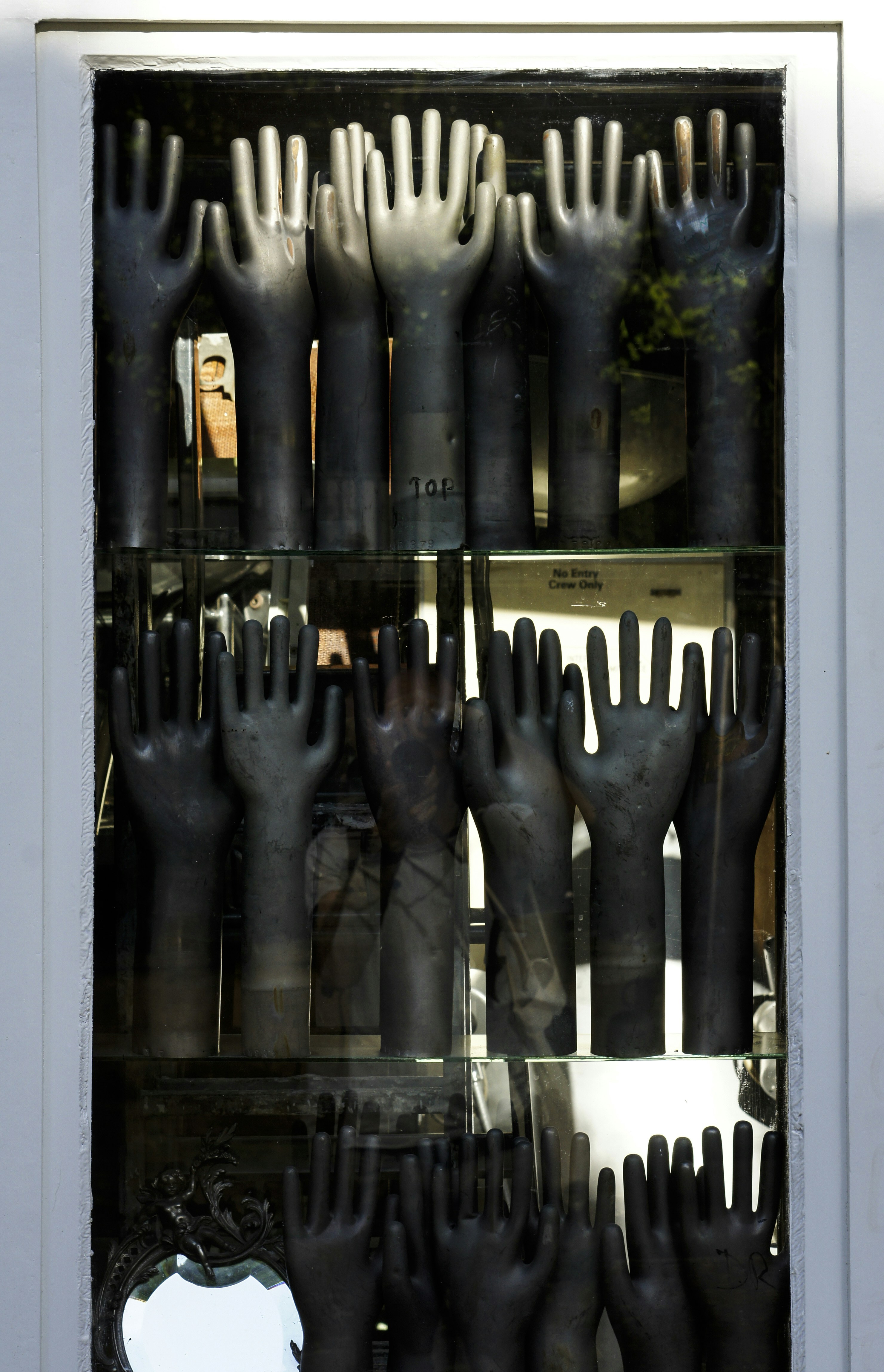 Array of mannequin hands arranged in a shop window, showcasing a unique artistic display. The interplay of light and shadow adds depth to the scene.