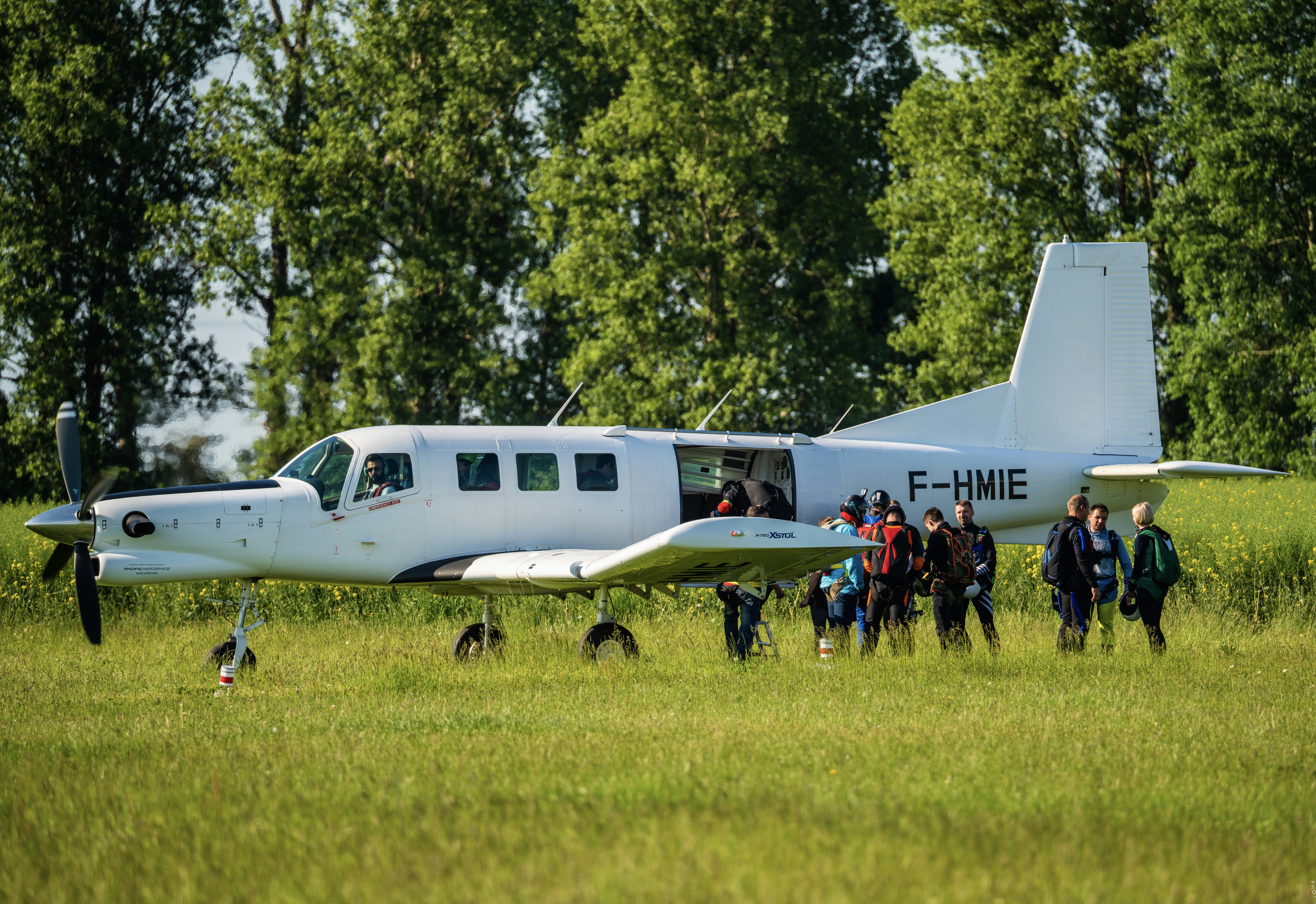 Sunlit Meadow Stopover: Passengers Gather by a White Twin-Engine Aircraft