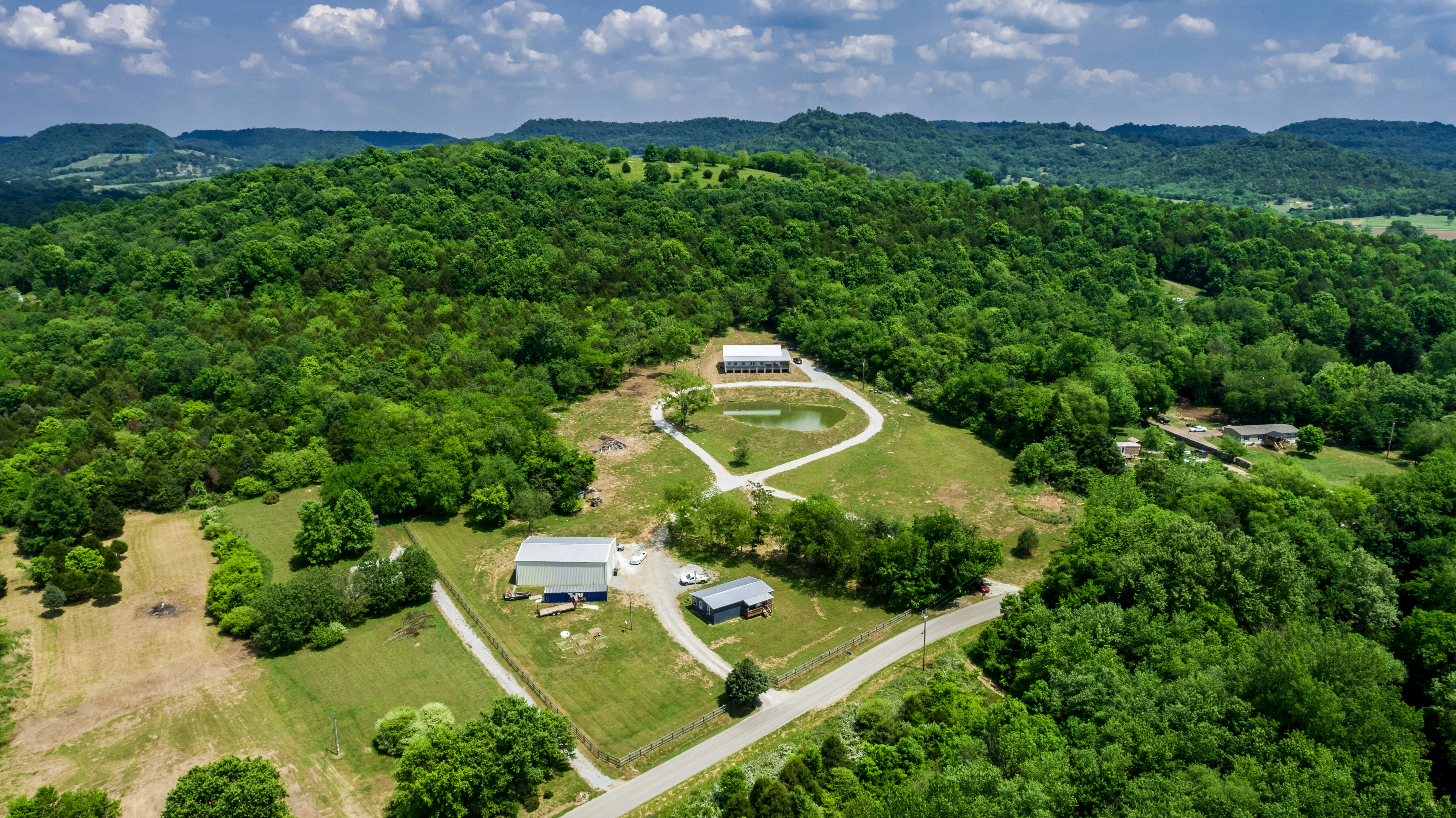 Hilltop Hideaway: Aerial View of a Tree-Draped Countryside Estate