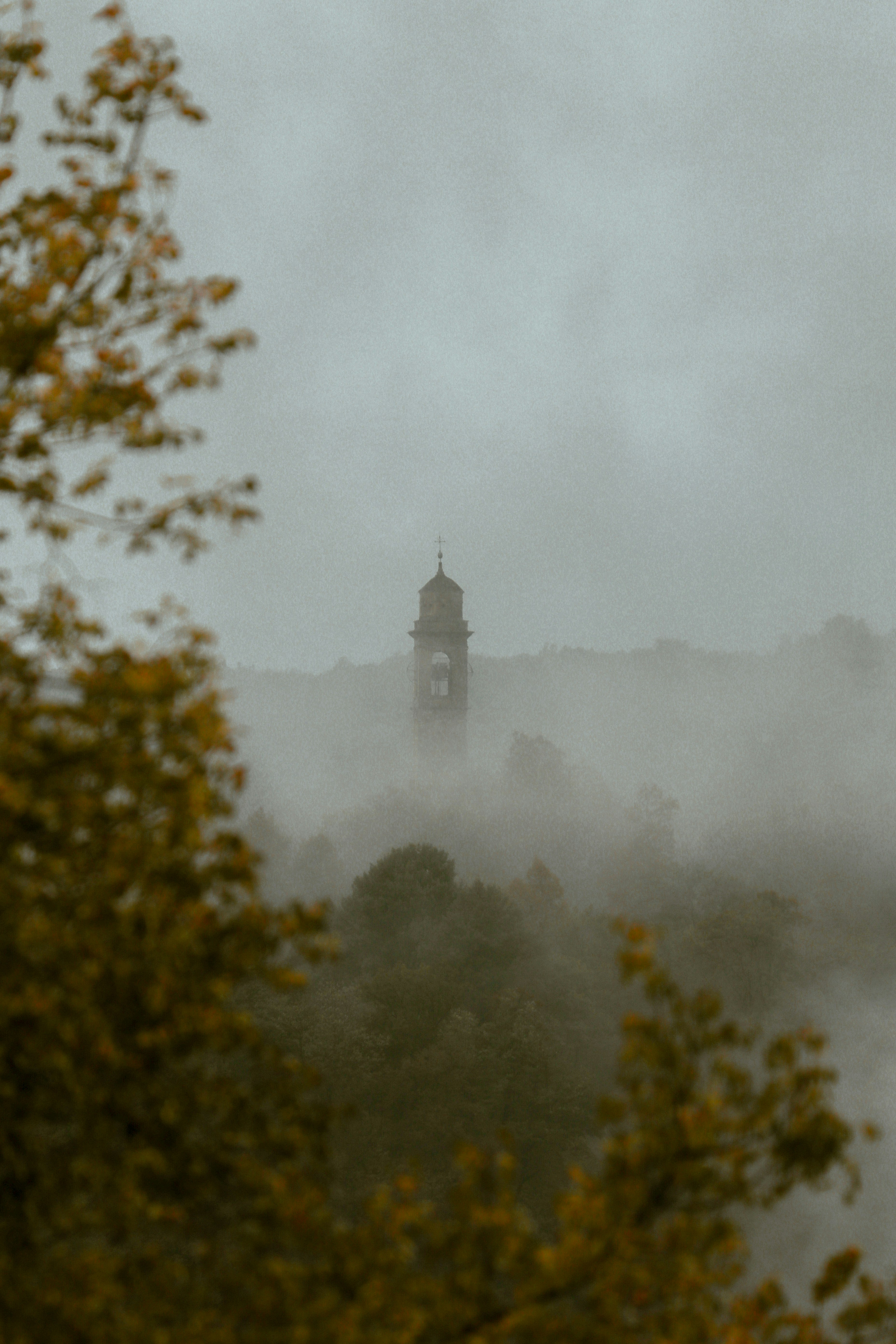 A distant clock tower emerges from the fog, surrounded by lush foliage, evoking a sense of mystery and nostalgia.