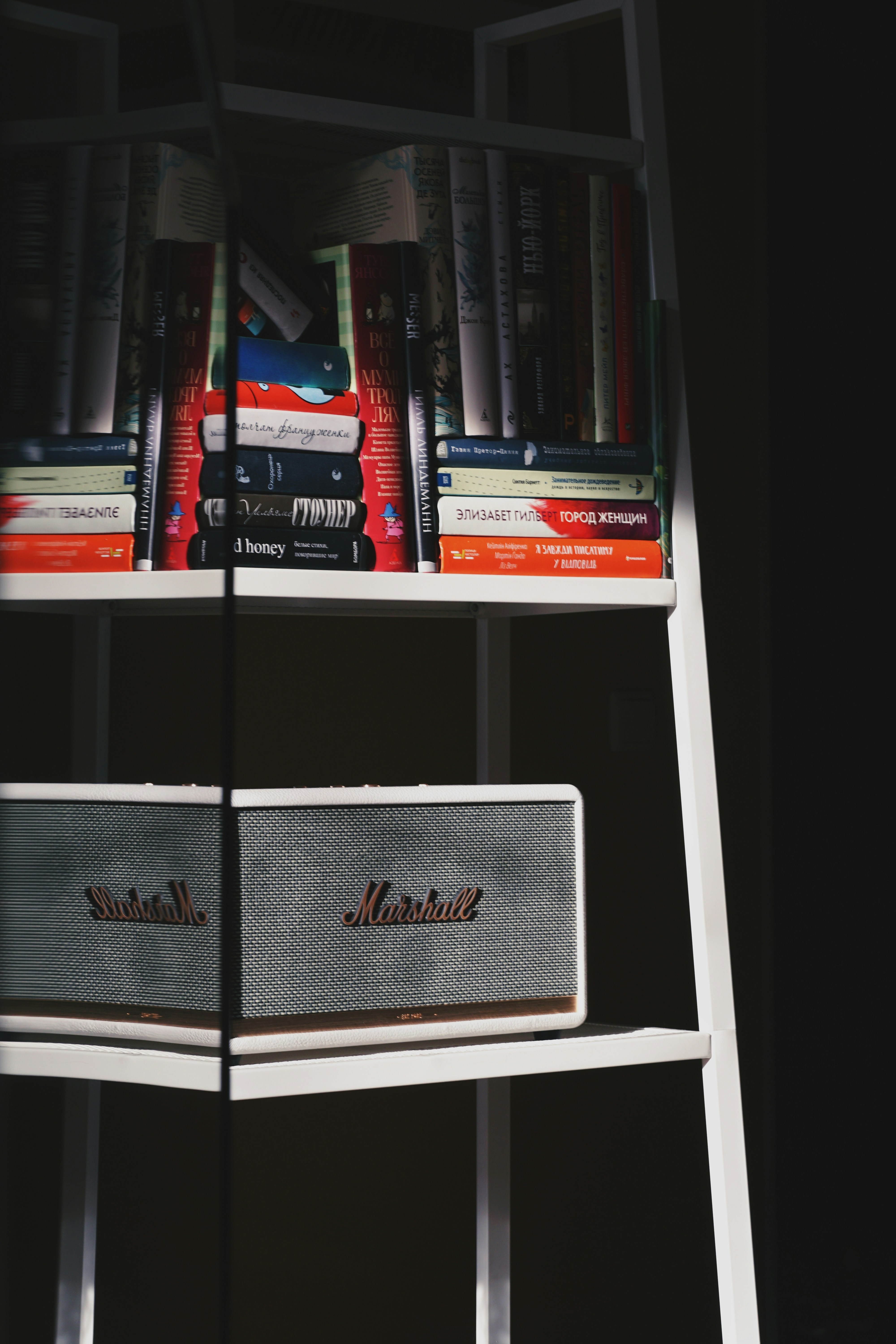 Midnight Shelf: A Marshall Speaker Guarded by Stacked Books