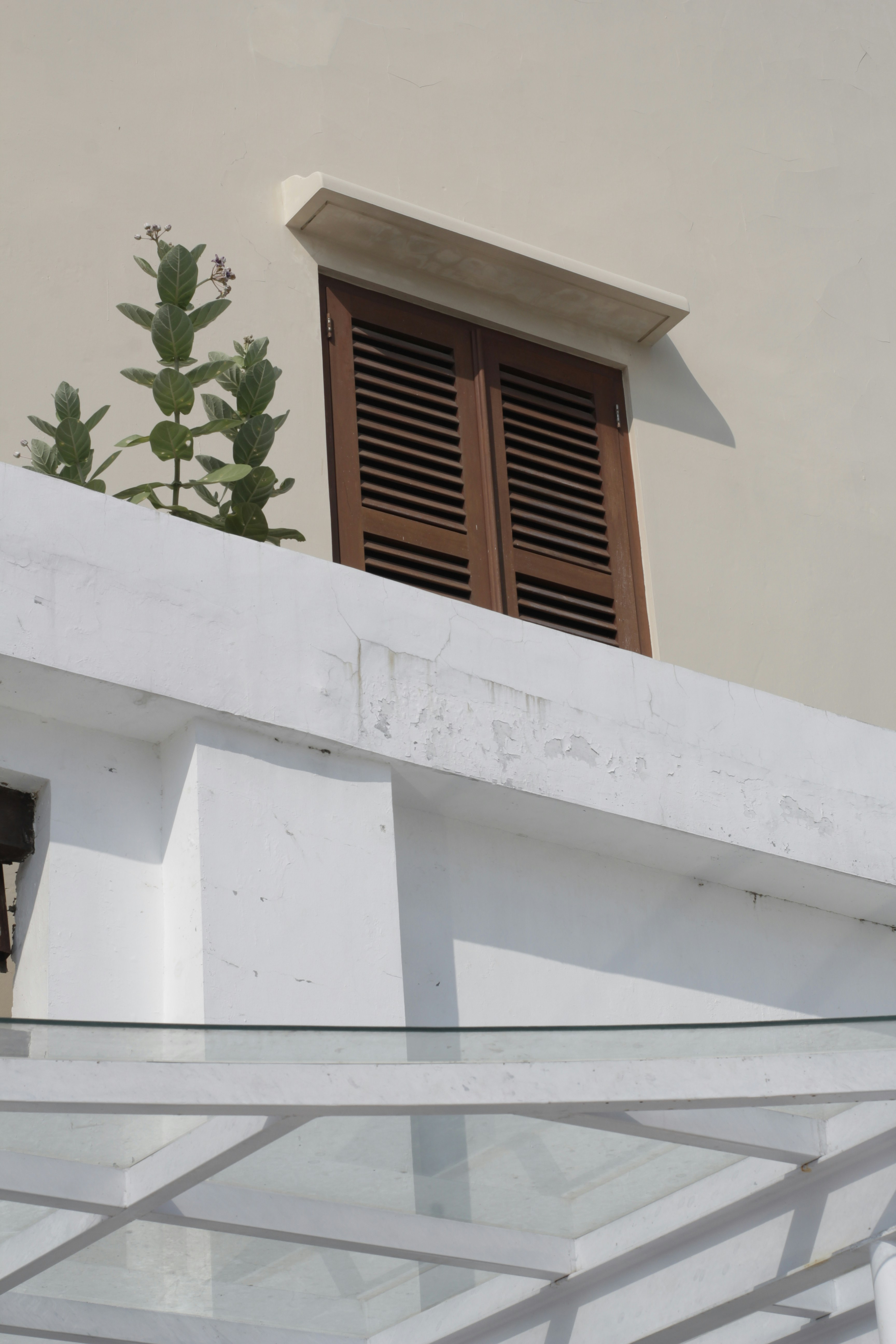 Sunlit Shutters on a White Terrace: A Quiet Balcony Moment