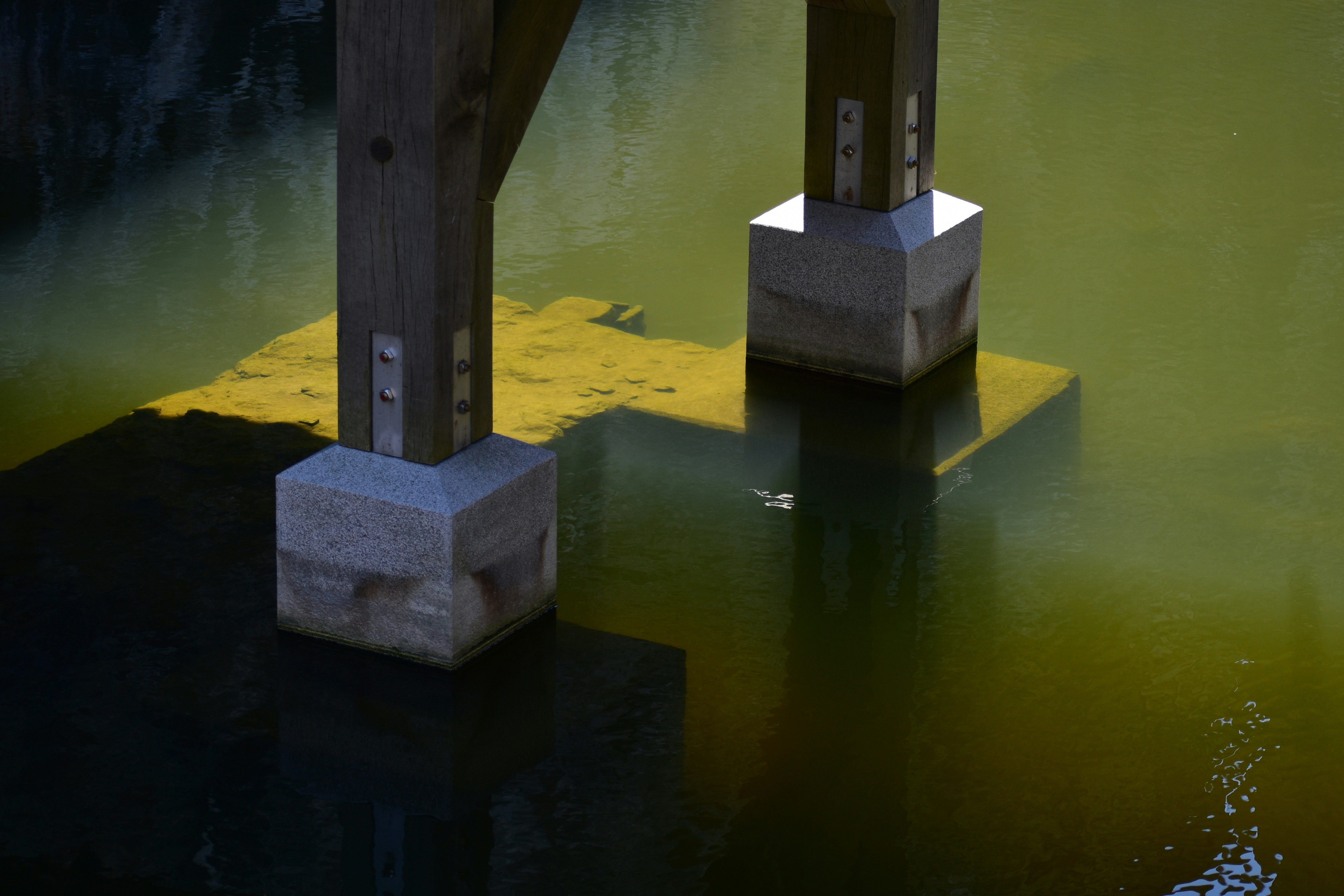 Wooden support beams reflected in still water, showcasing the interplay of light and shadow. The serene environment highlights the structure's resilience.
