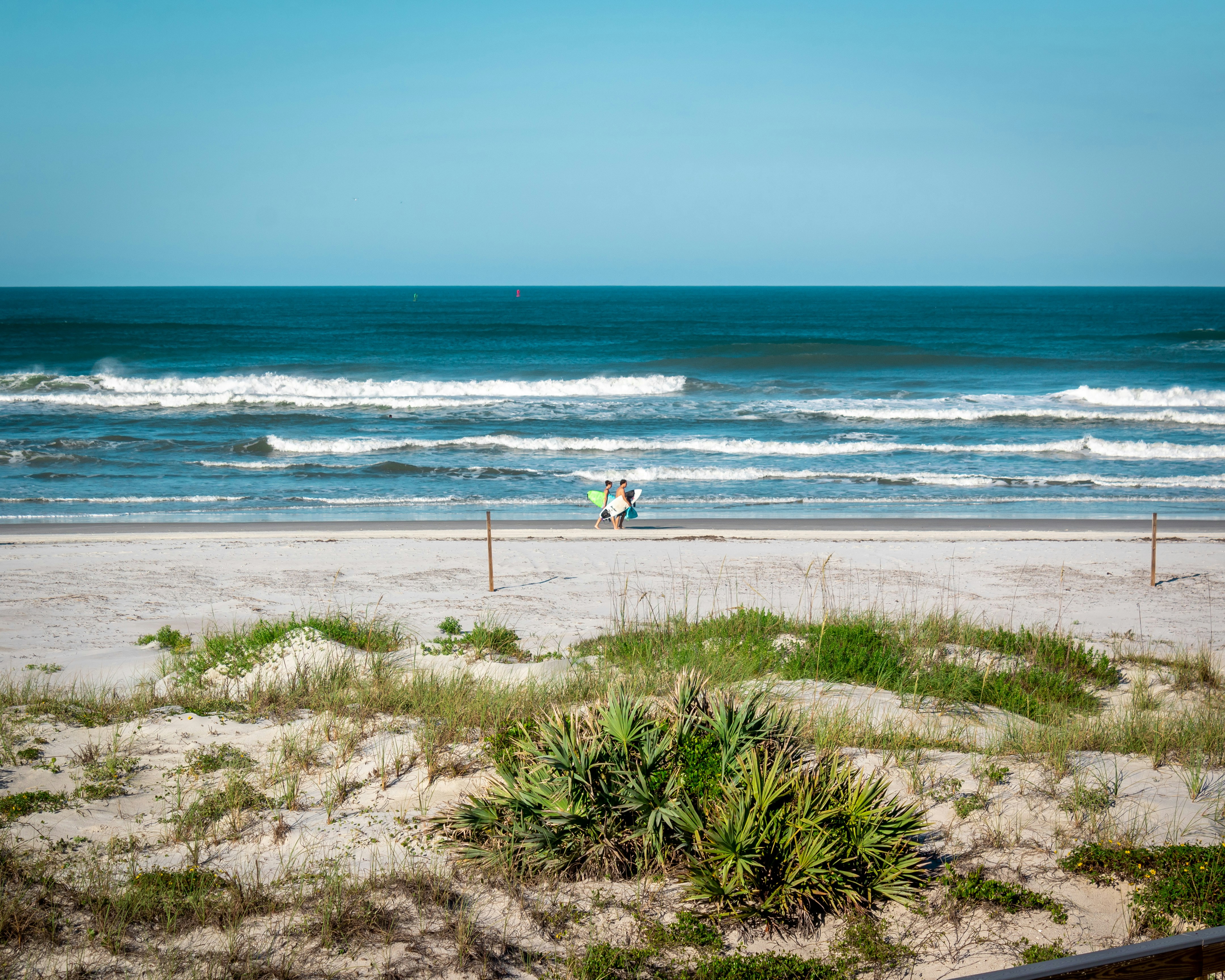 Two individuals walking hand in hand along a sandy beach, framed by lush coastal vegetation and gentle ocean waves. 