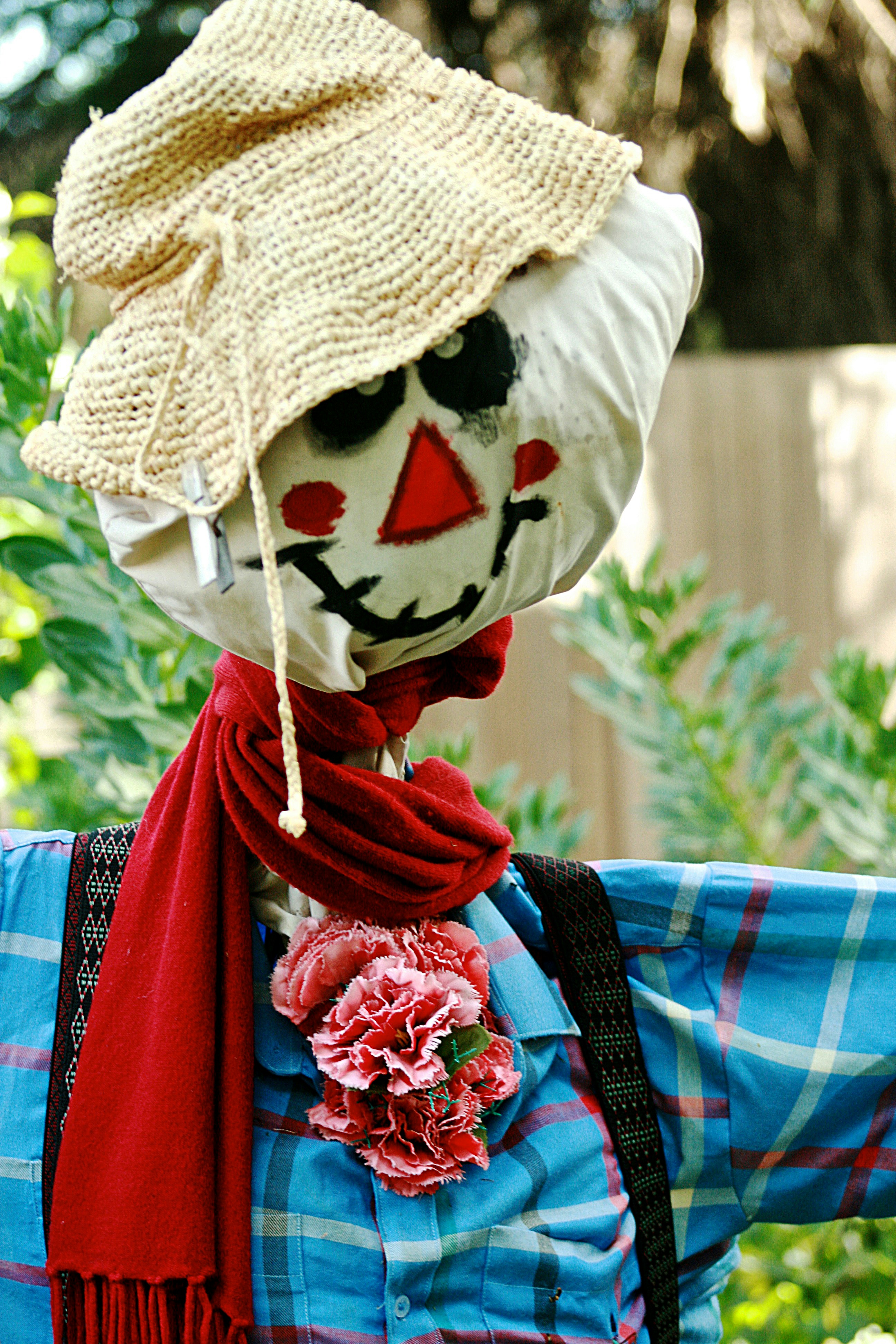 A cheerful scarecrow adorned with a straw hat and vibrant scarf, standing amidst lush greenery, embodying the spirit of rural charm.