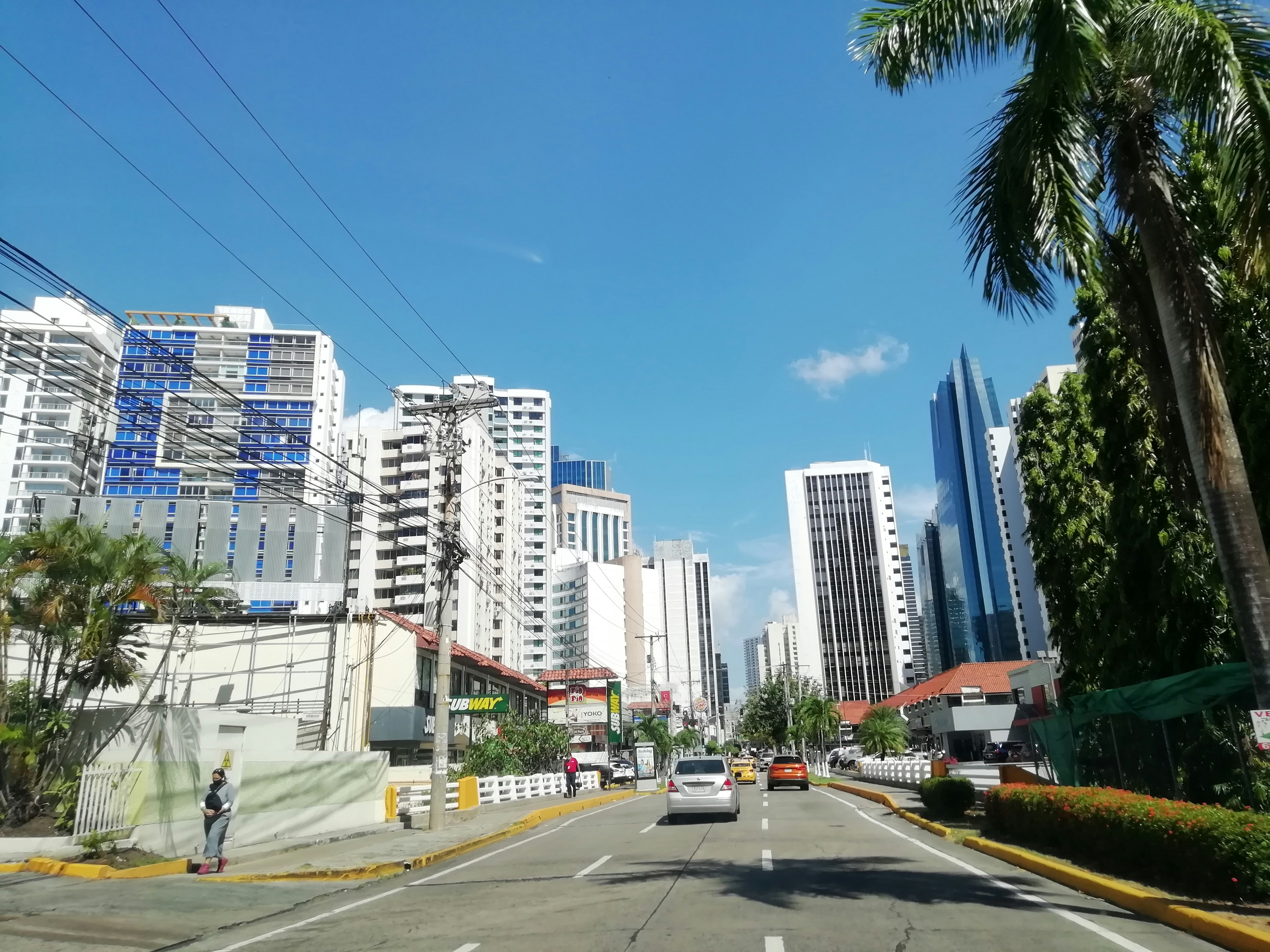 Modern skyscrapers line a city street under a clear blue sky, with palm trees adding a touch of greenery.