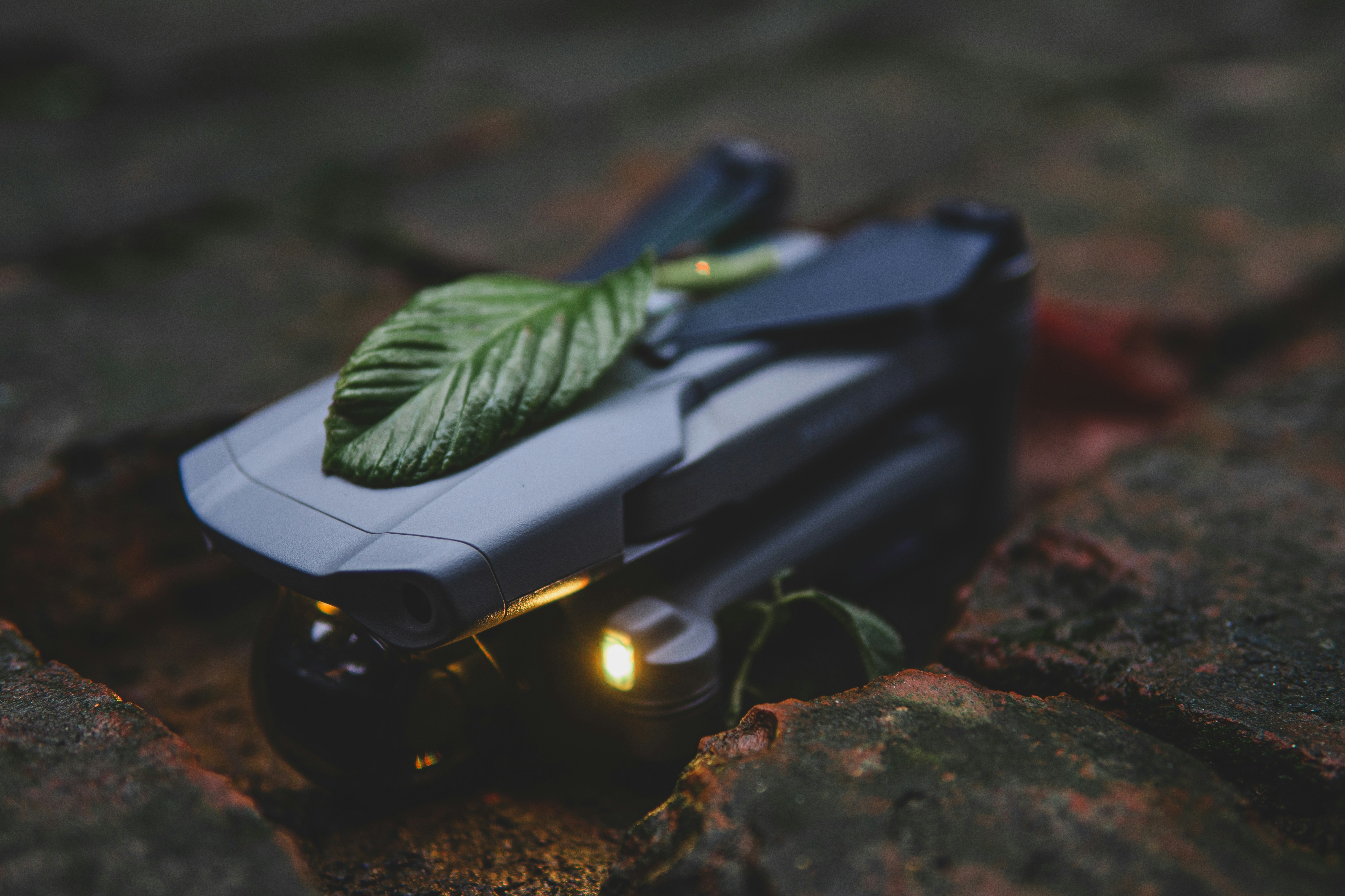 A drone nestled in a crack of cobblestones, adorned with a vibrant green leaf, highlighting the intersection of technology and nature.