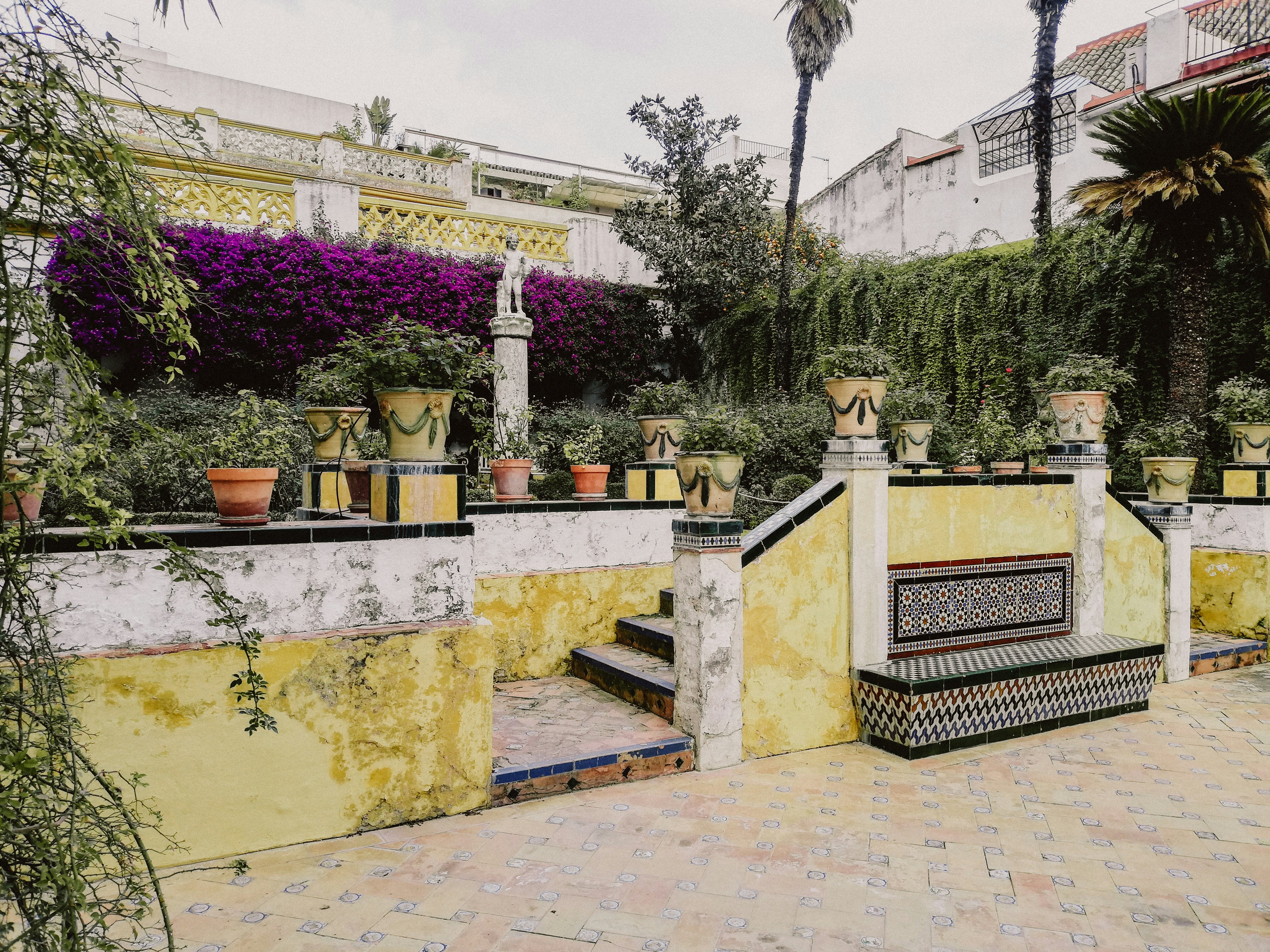a yellow and white building with potted plants