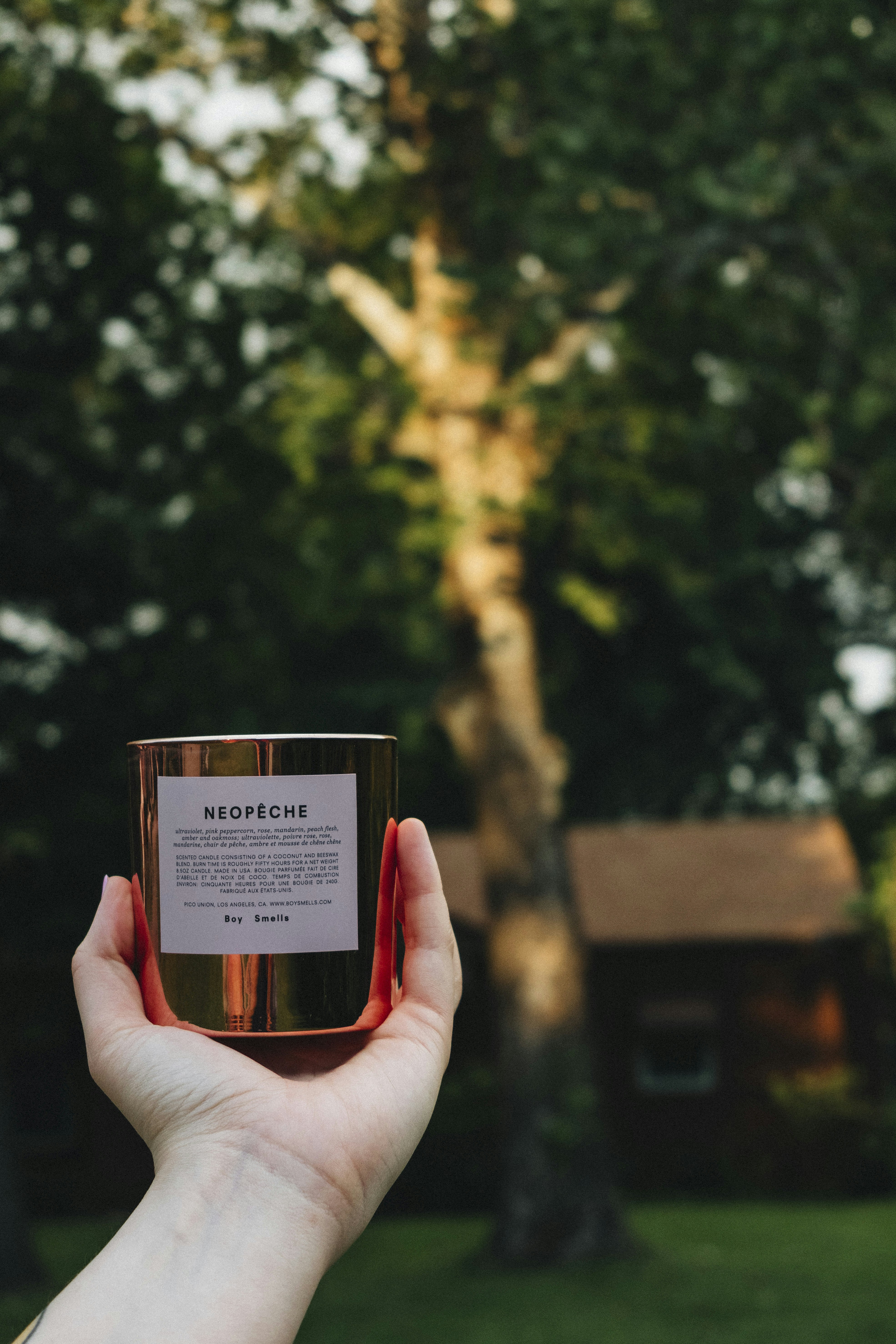 Copper Jar Candle in Hand, Framed by a Velvet-Green Garden Blur
