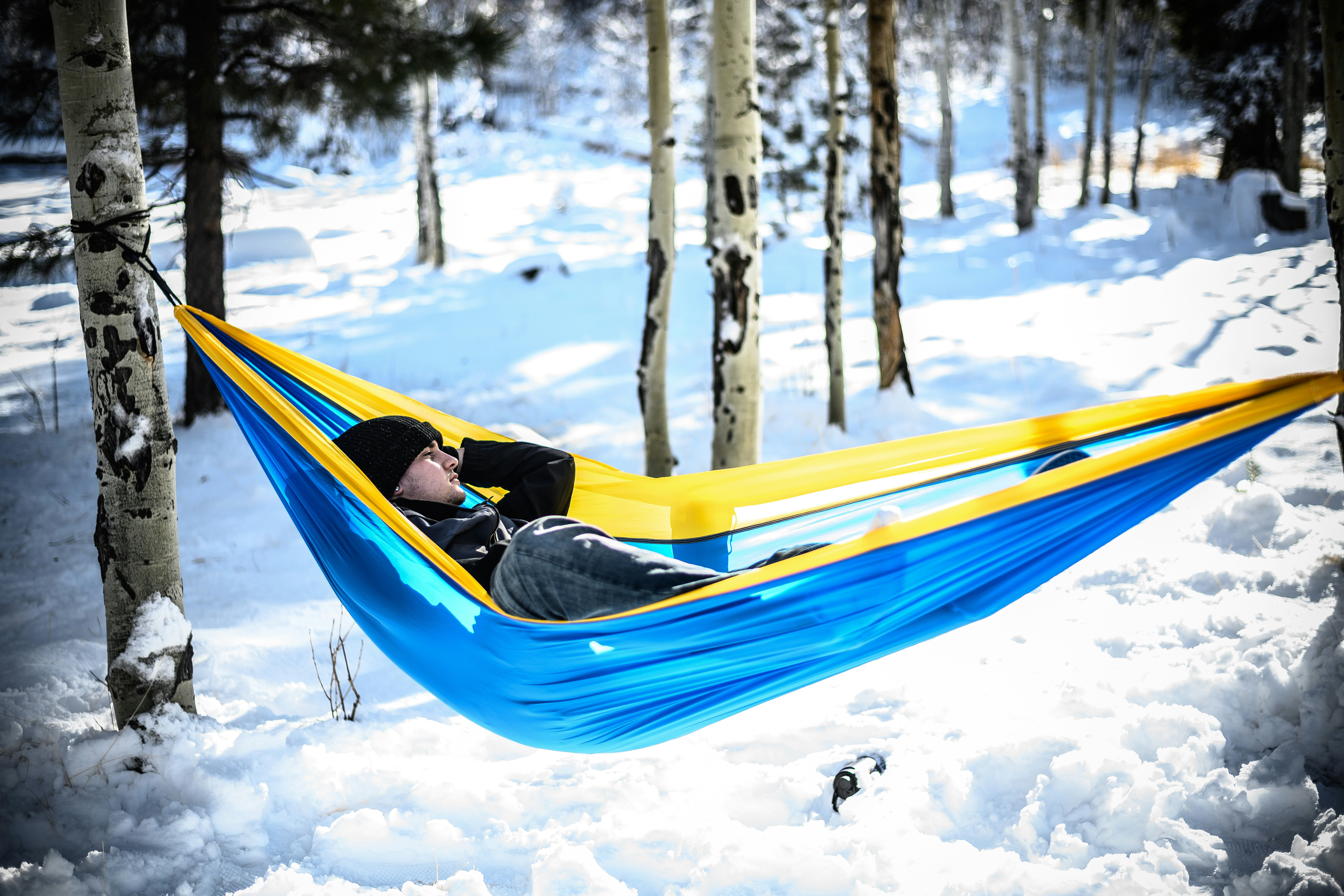 A person laying in a hammock in the snow photo – Free Snow Image on ...