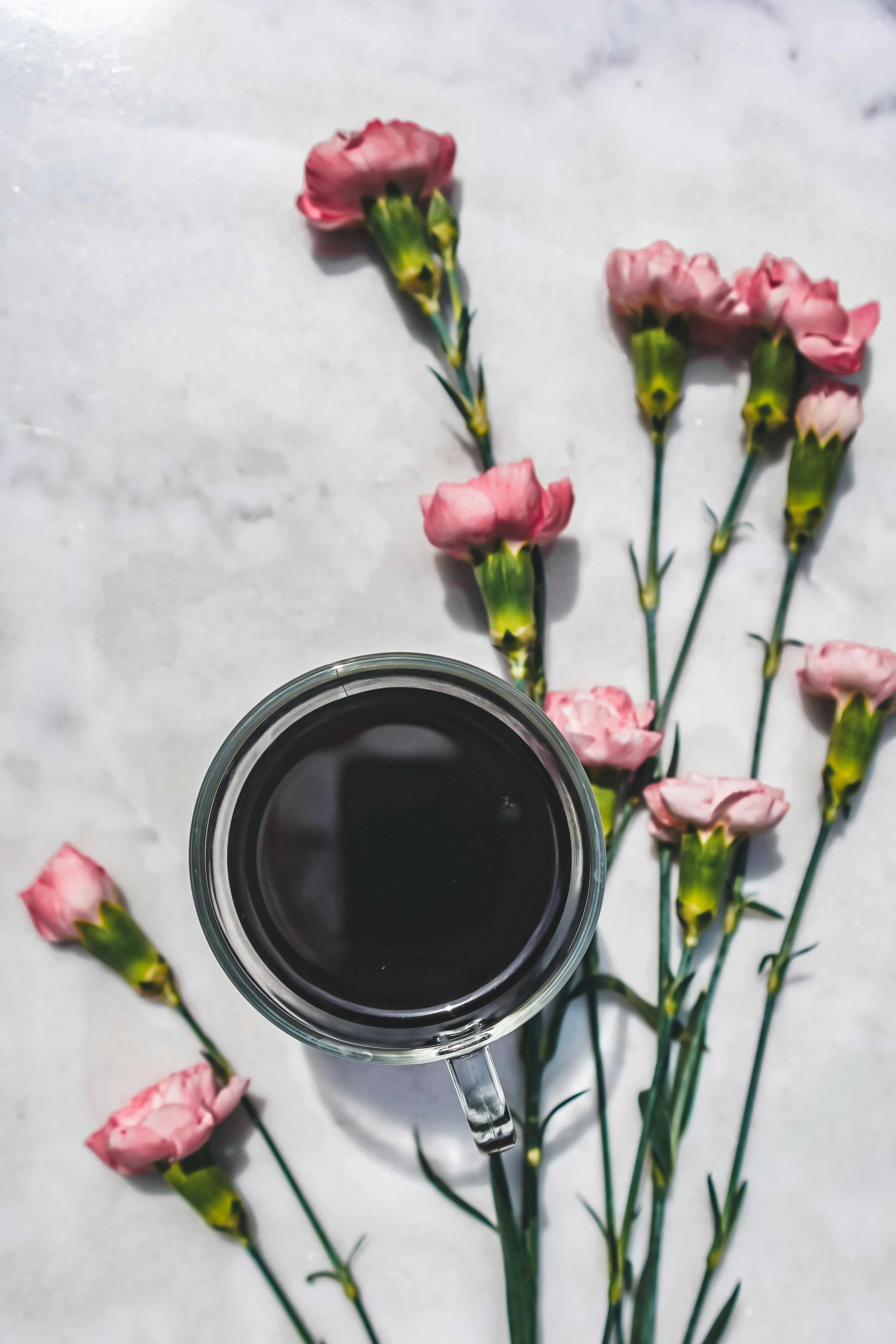 A clear glass mug filled with dark coffee rests on a marble surface, surrounded by delicate pink carnations. The composition highlights the contrast between the floral softness and the rich beverage.