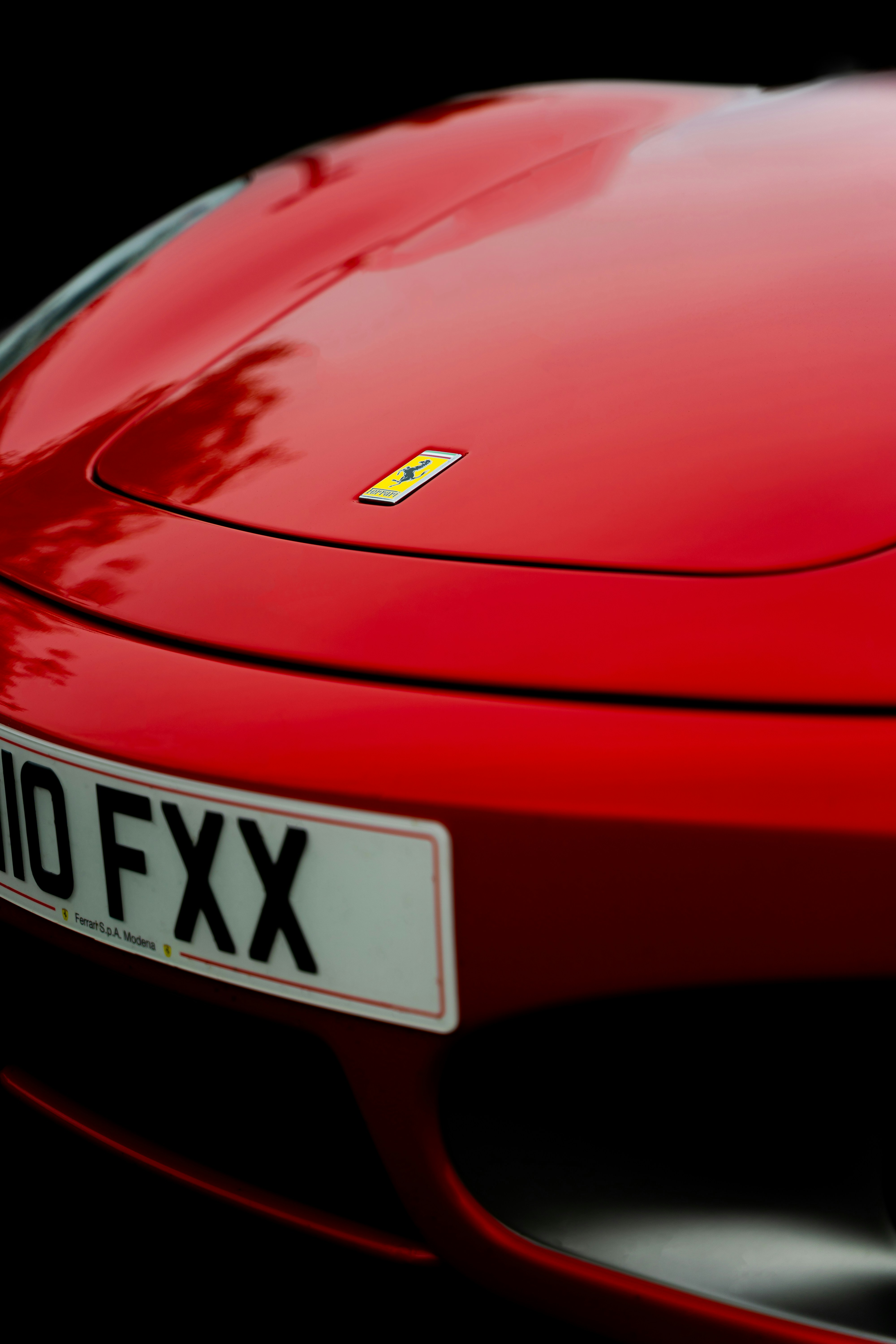 Close-up of a red Ferrari hood showcasing the iconic logo and sleek design. The car's license plate is partially visible, adding to the automotive allure.