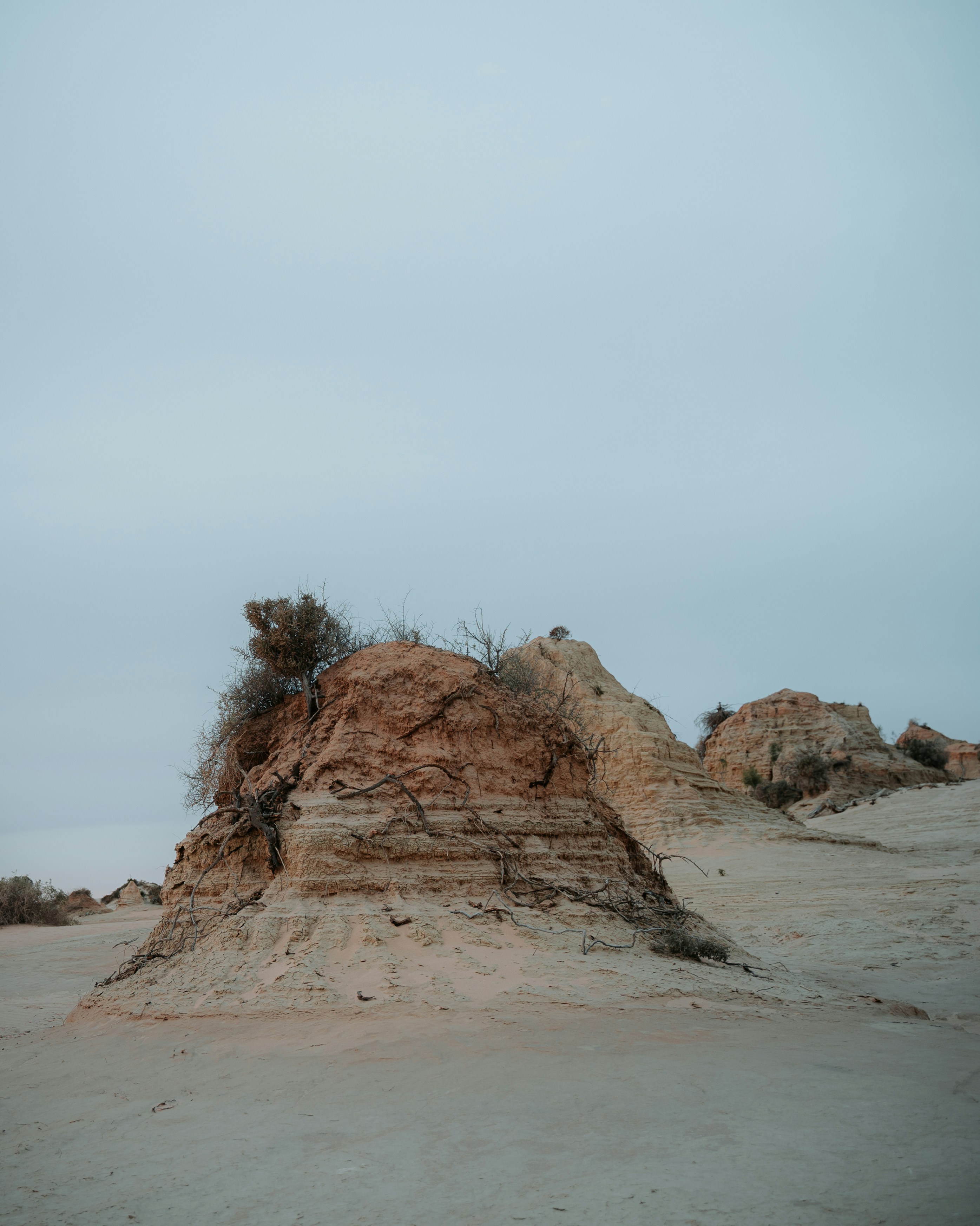 Weathered Sentinel: A Sandstone Outcrop Bared to the Pale Sky