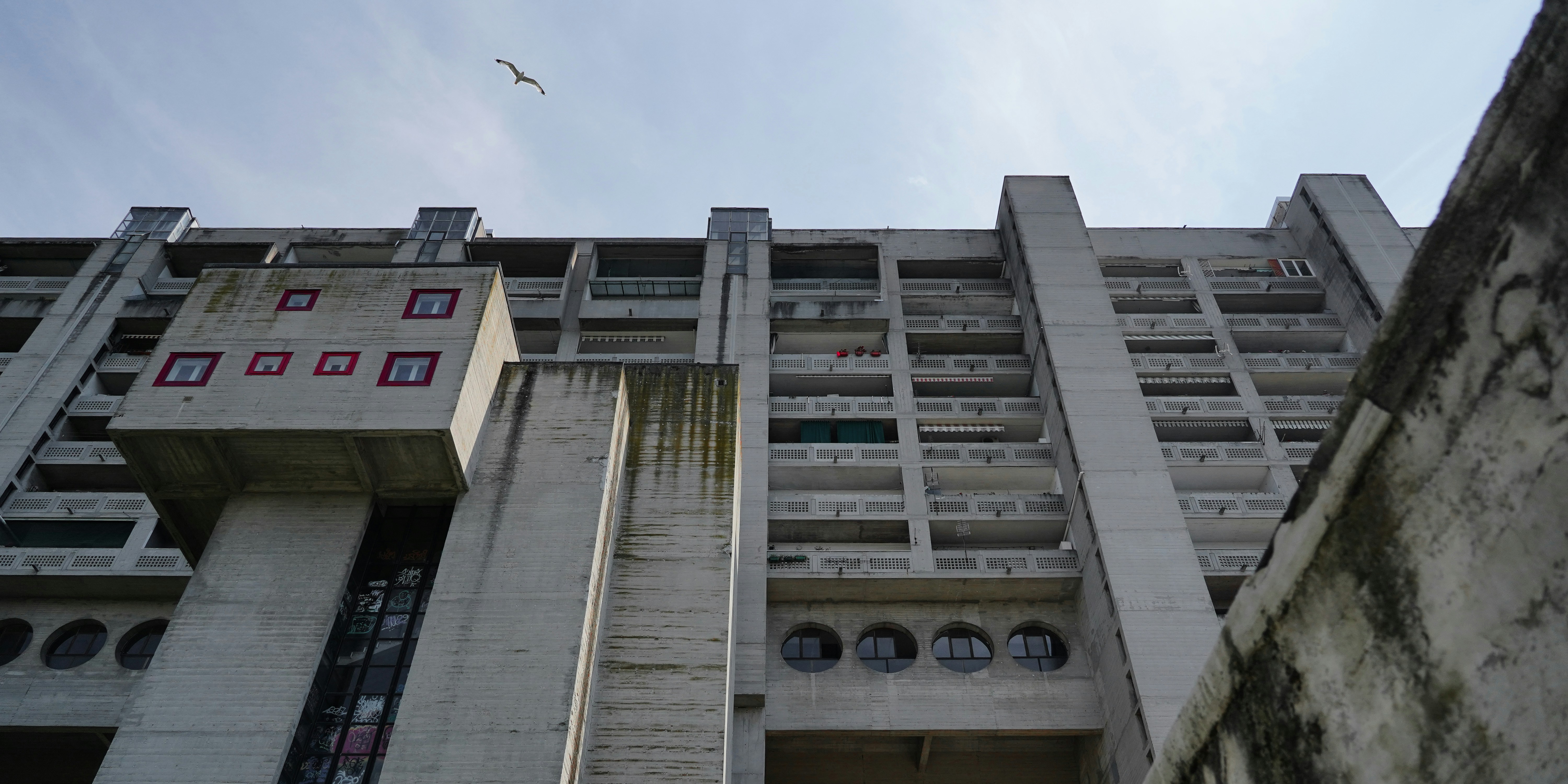 A striking view of a modernist concrete building with distinct red accents and a clear blue sky above. The image captures the interplay of structure and nature.