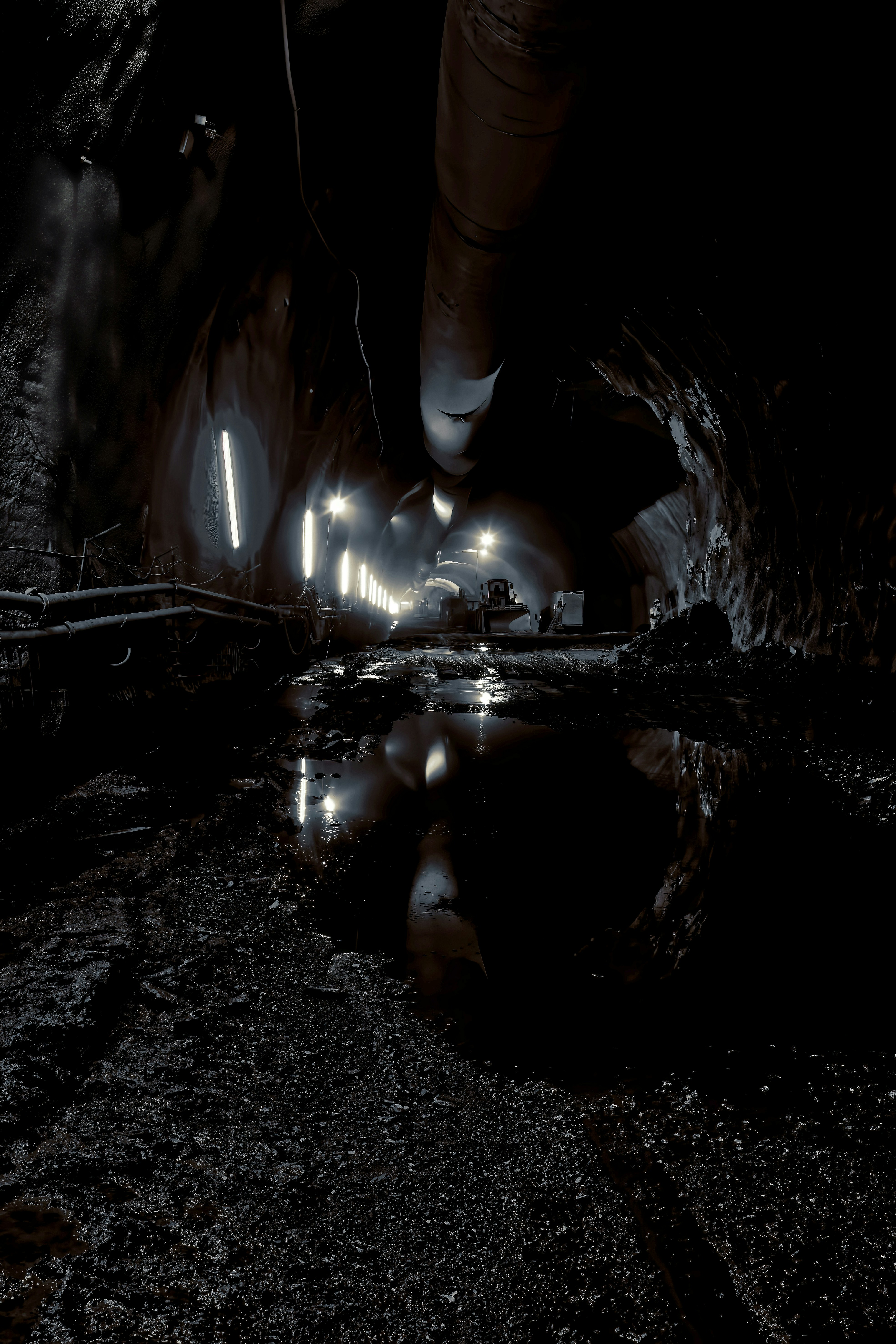 Dimly lit tunnel with puddles reflecting overhead lights, showcasing the raw elements of industrial construction.