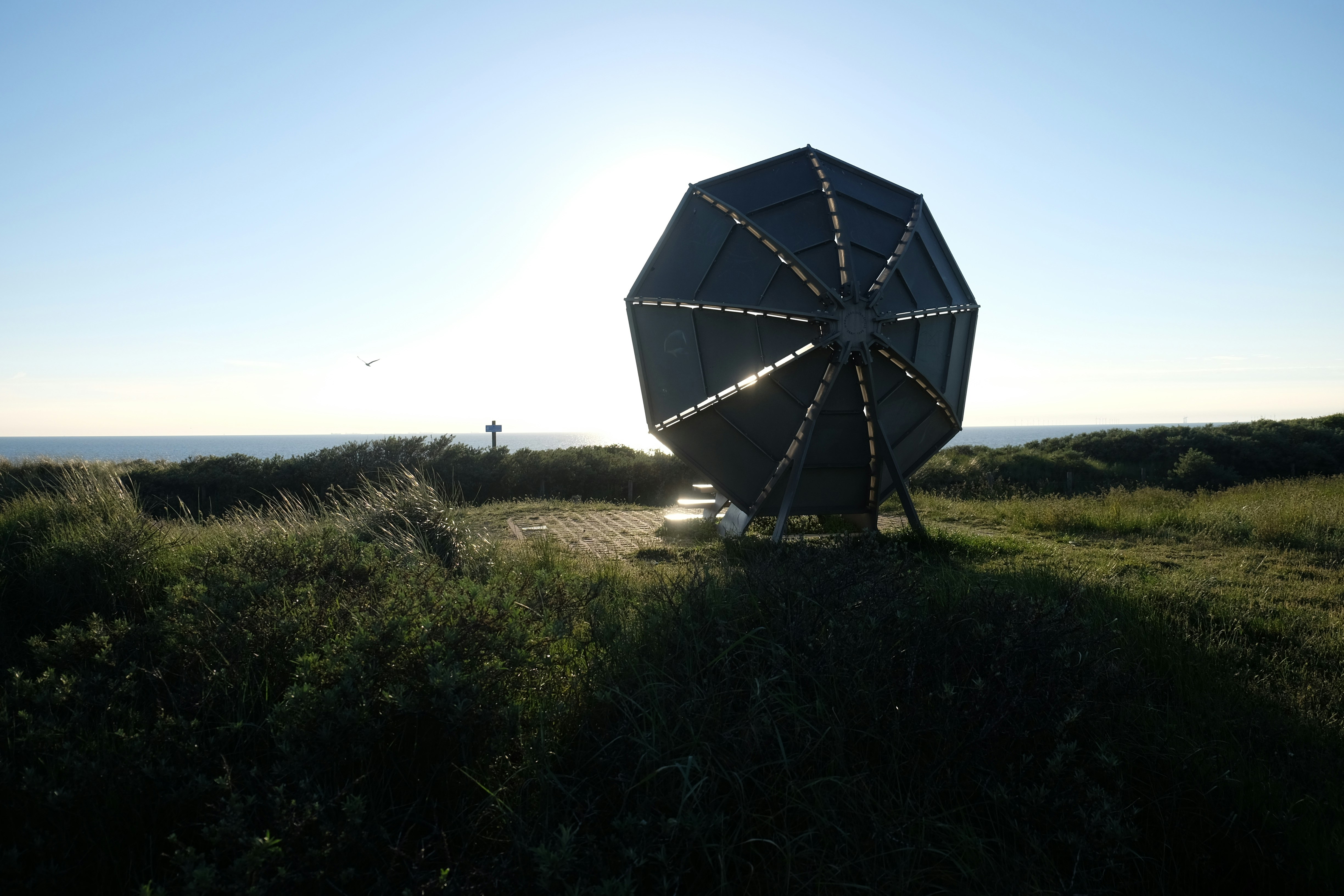 a large umbrella sitting on top of a lush green field