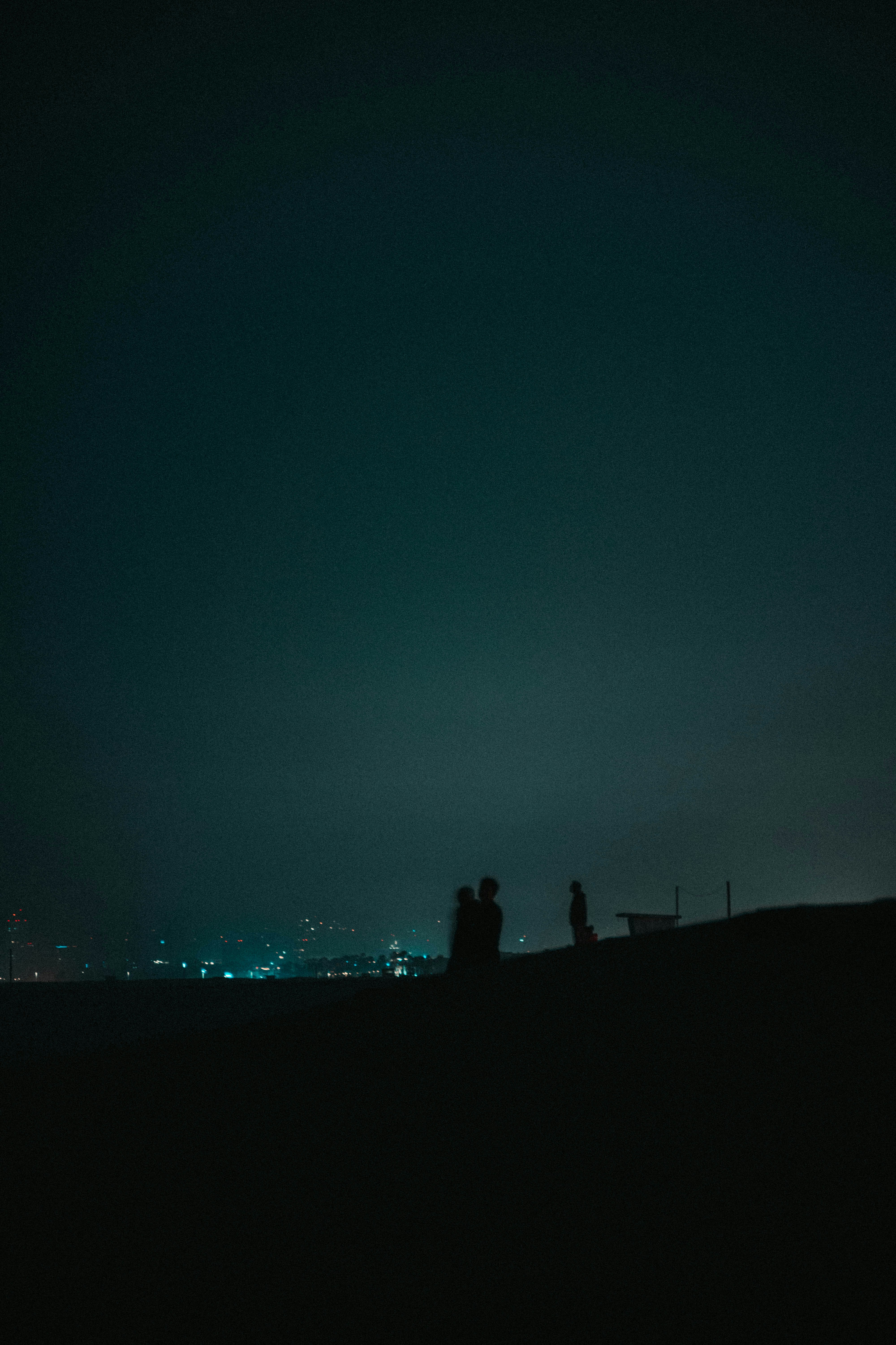 Silhouetted figures stand on a dark beach, with distant city lights twinkling in the background. The scene evokes a sense of intimacy and mystery.