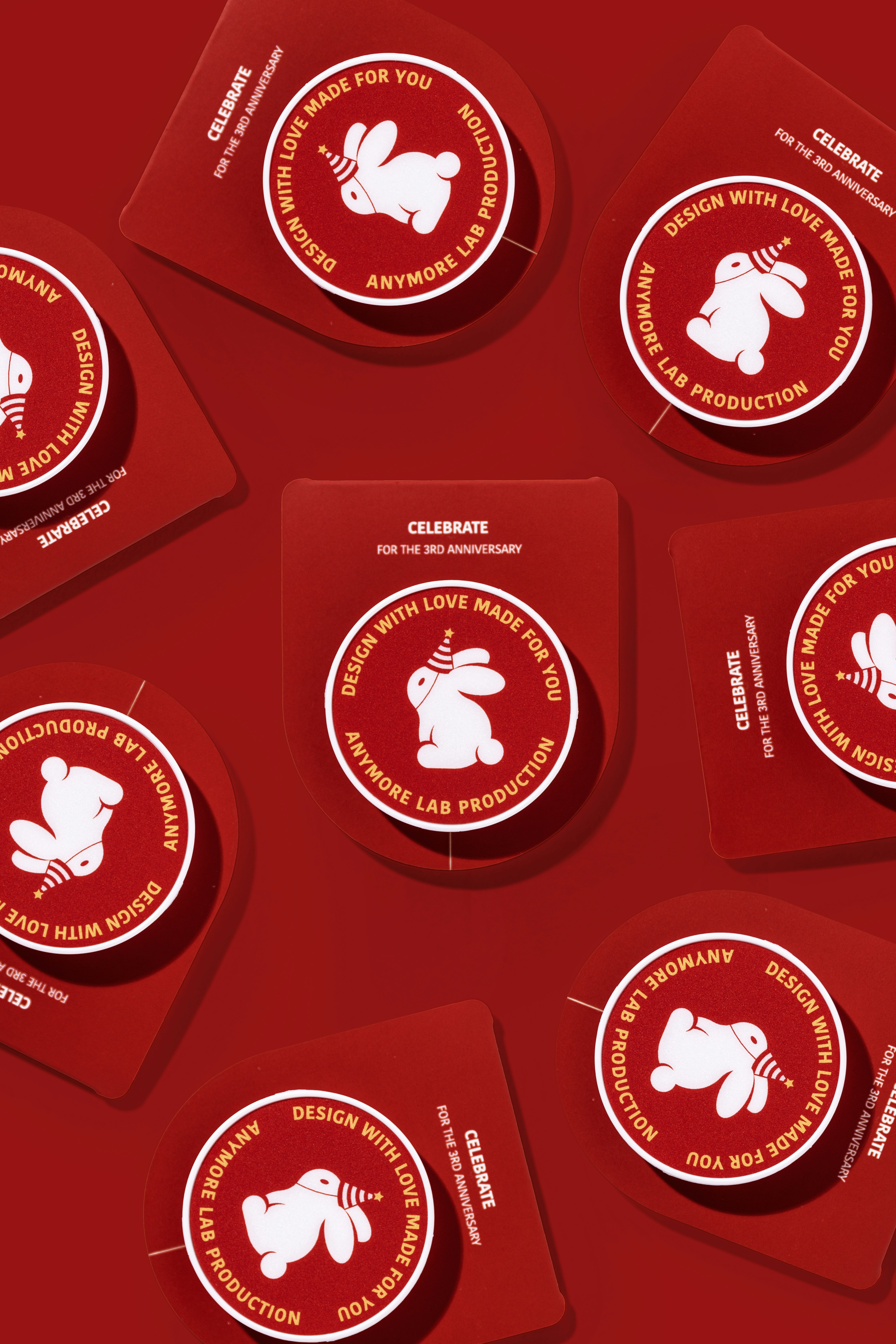 Red Badge Mosaic: Circular Rabbit Emblems on a Glossy Promotional Canvas