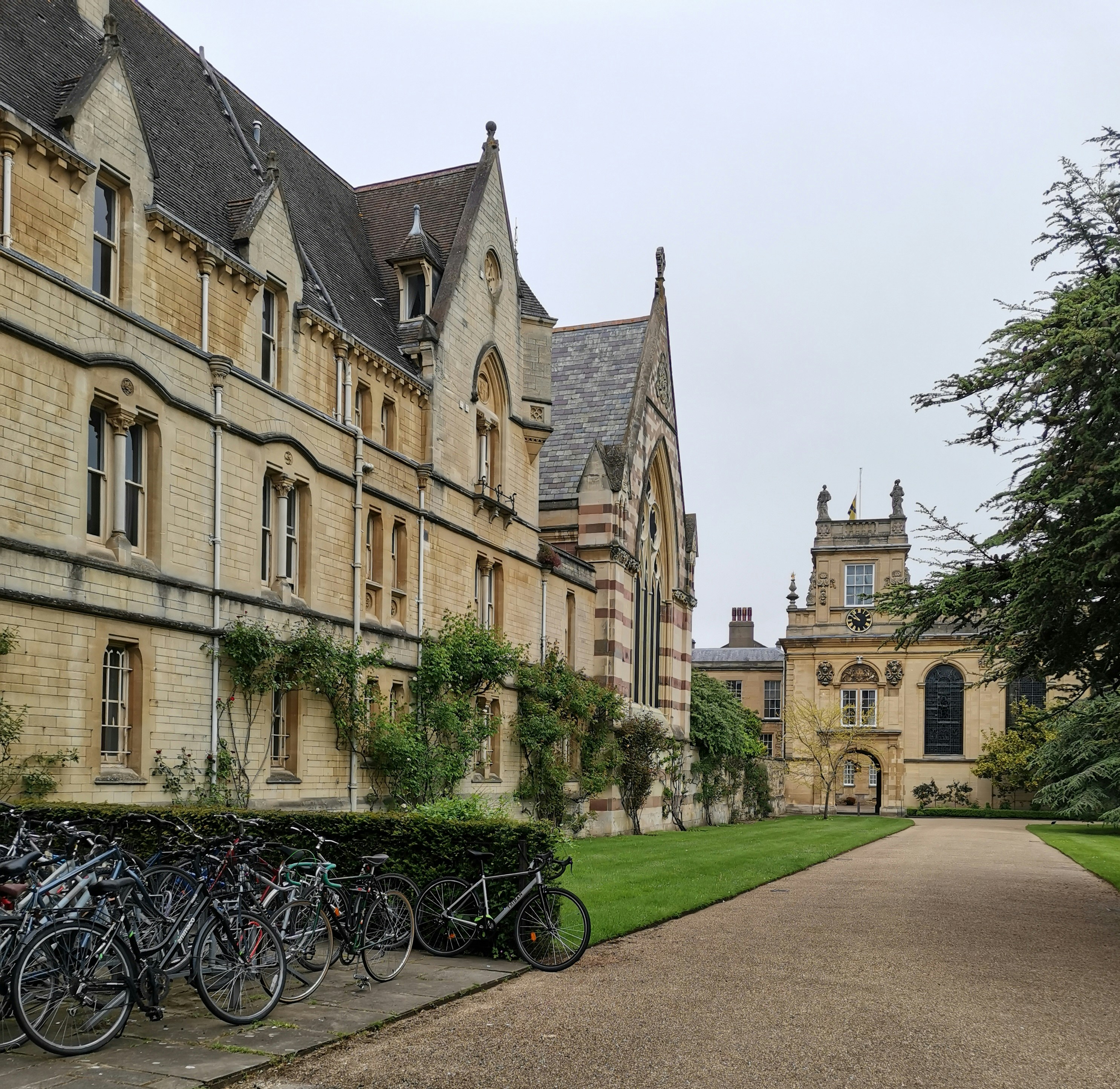 Historic university buildings framed by lush greenery, with bicycles parked along the pathway.