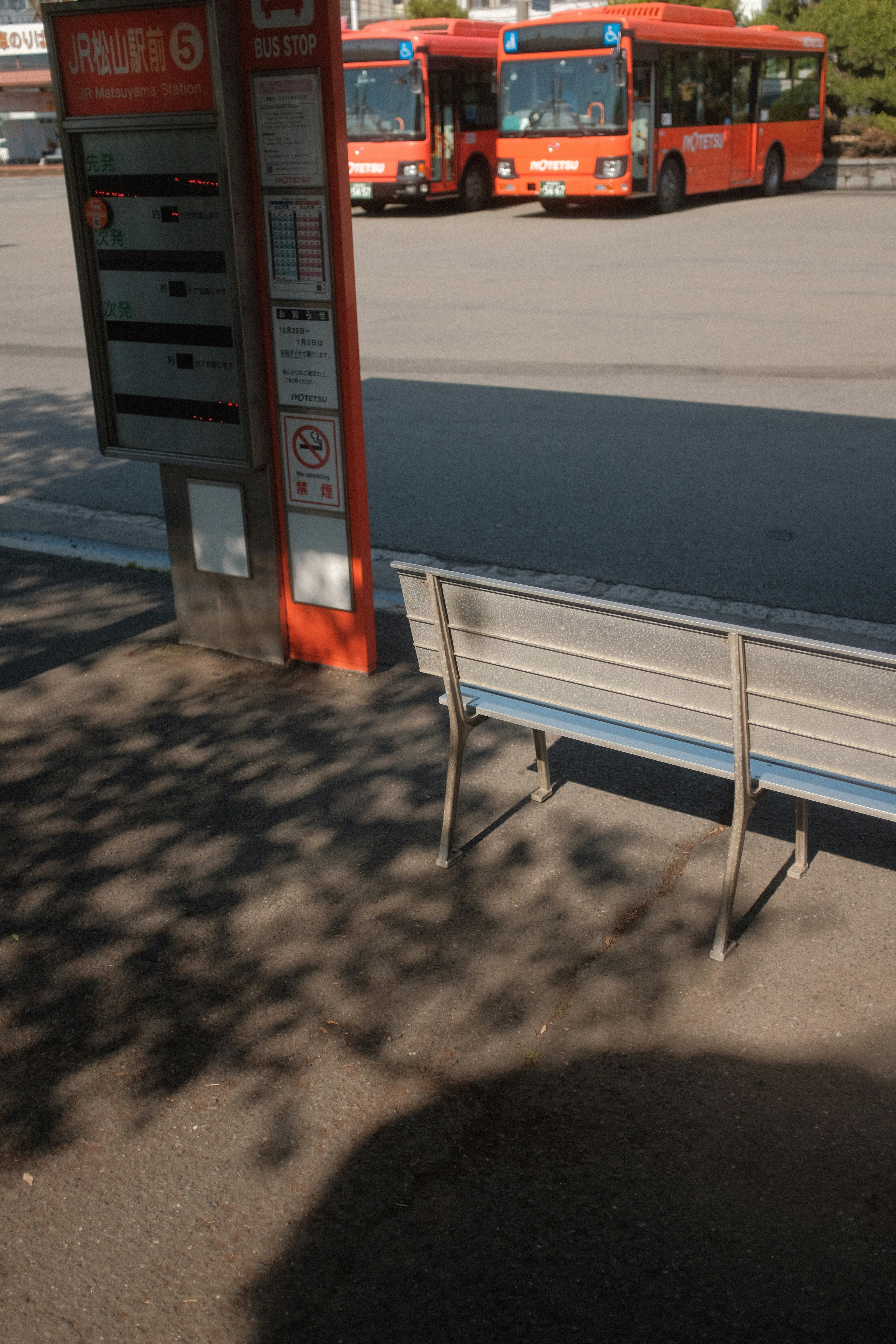 A metal bench sits in the foreground, with a bus stop sign and two red buses in the background. The scene captures a tranquil moment in an urban setting.
