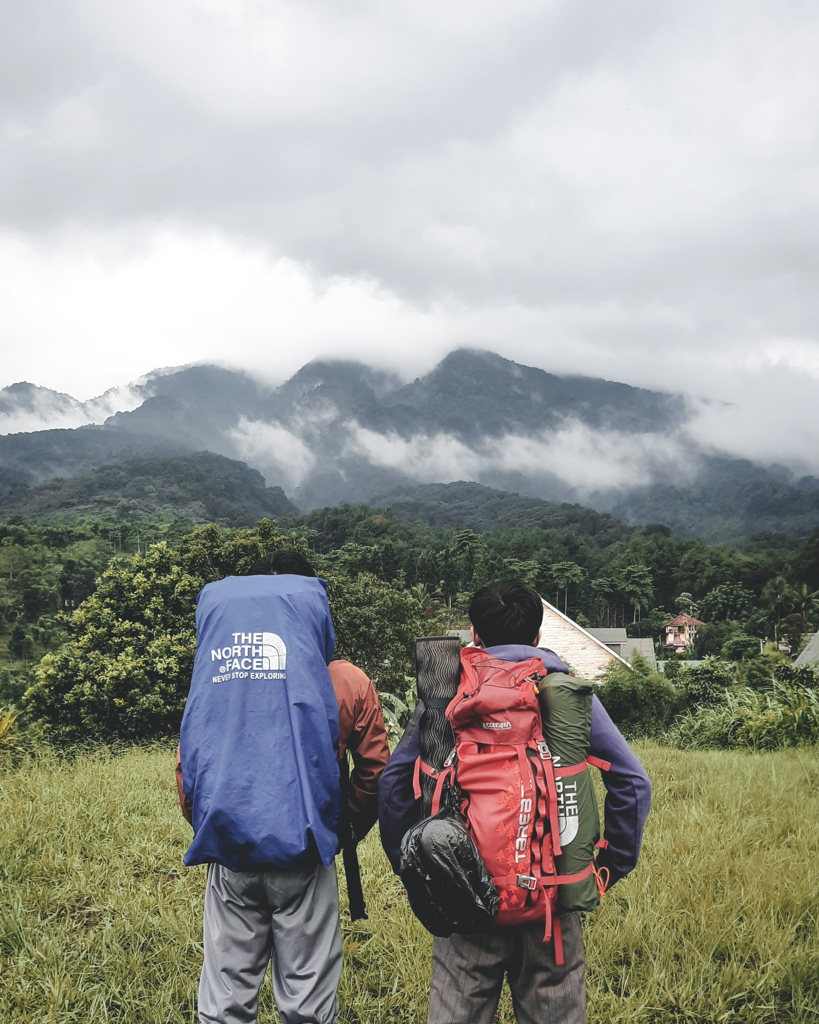 Two hikers with colorful backpacks gaze at misty mountains, surrounded by lush greenery. The scene captures the essence of adventure and exploration.