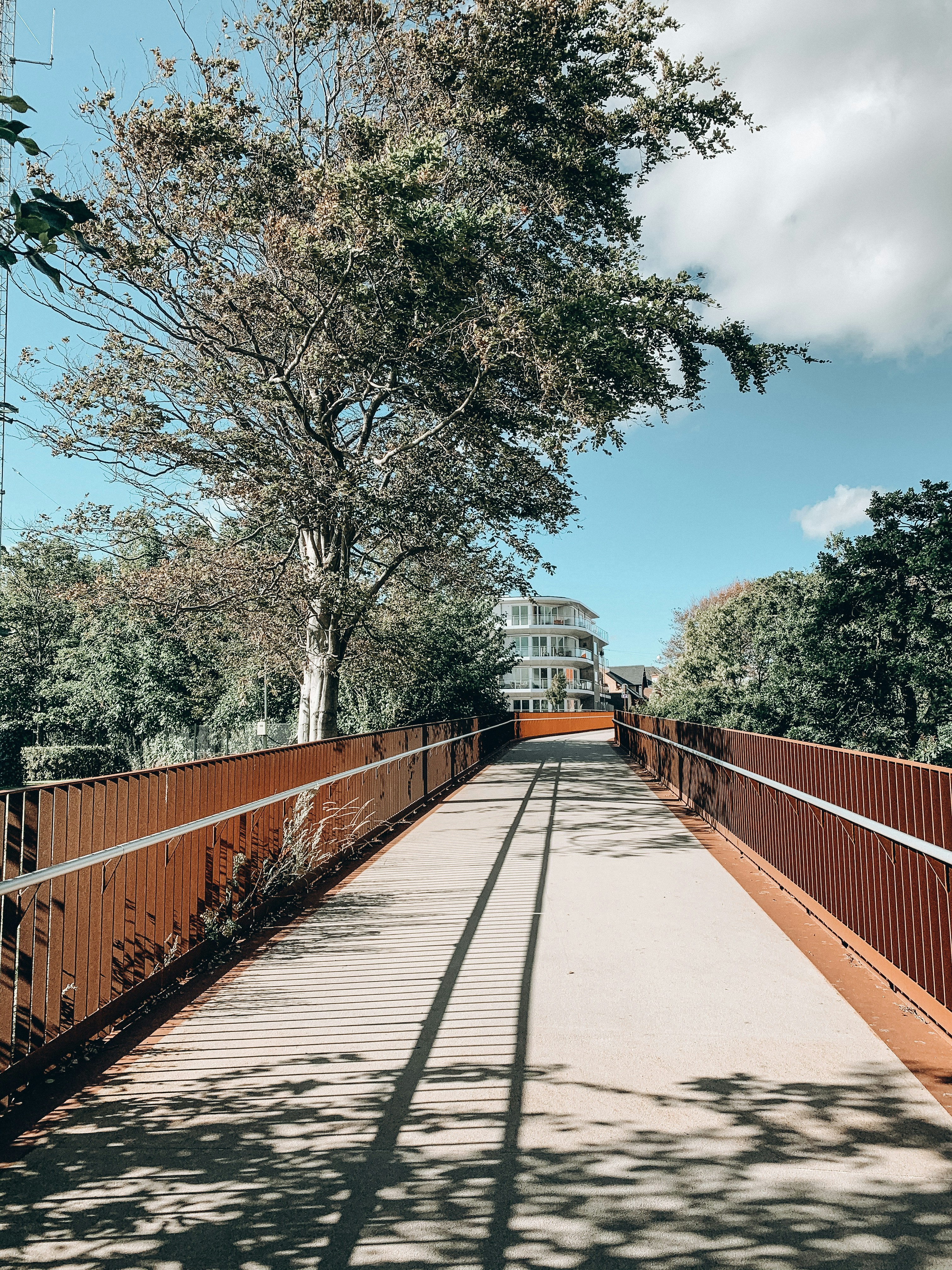 Red-Railed Bridge to a Modern Atrium Under a Clear Sky