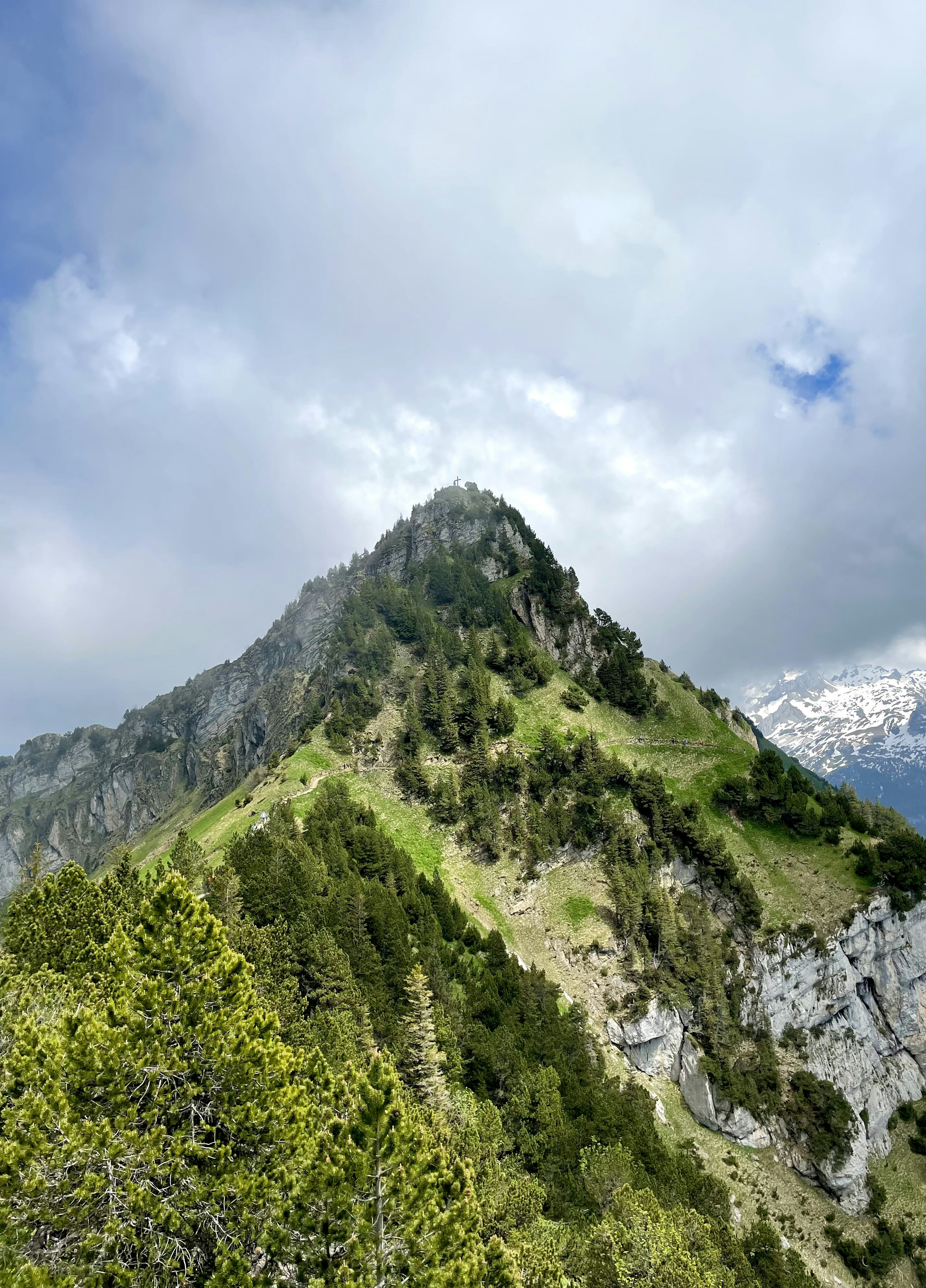 Lush green slopes lead to a rugged mountain peak under a cloudy sky, showcasing the beauty of nature's contours and textures.