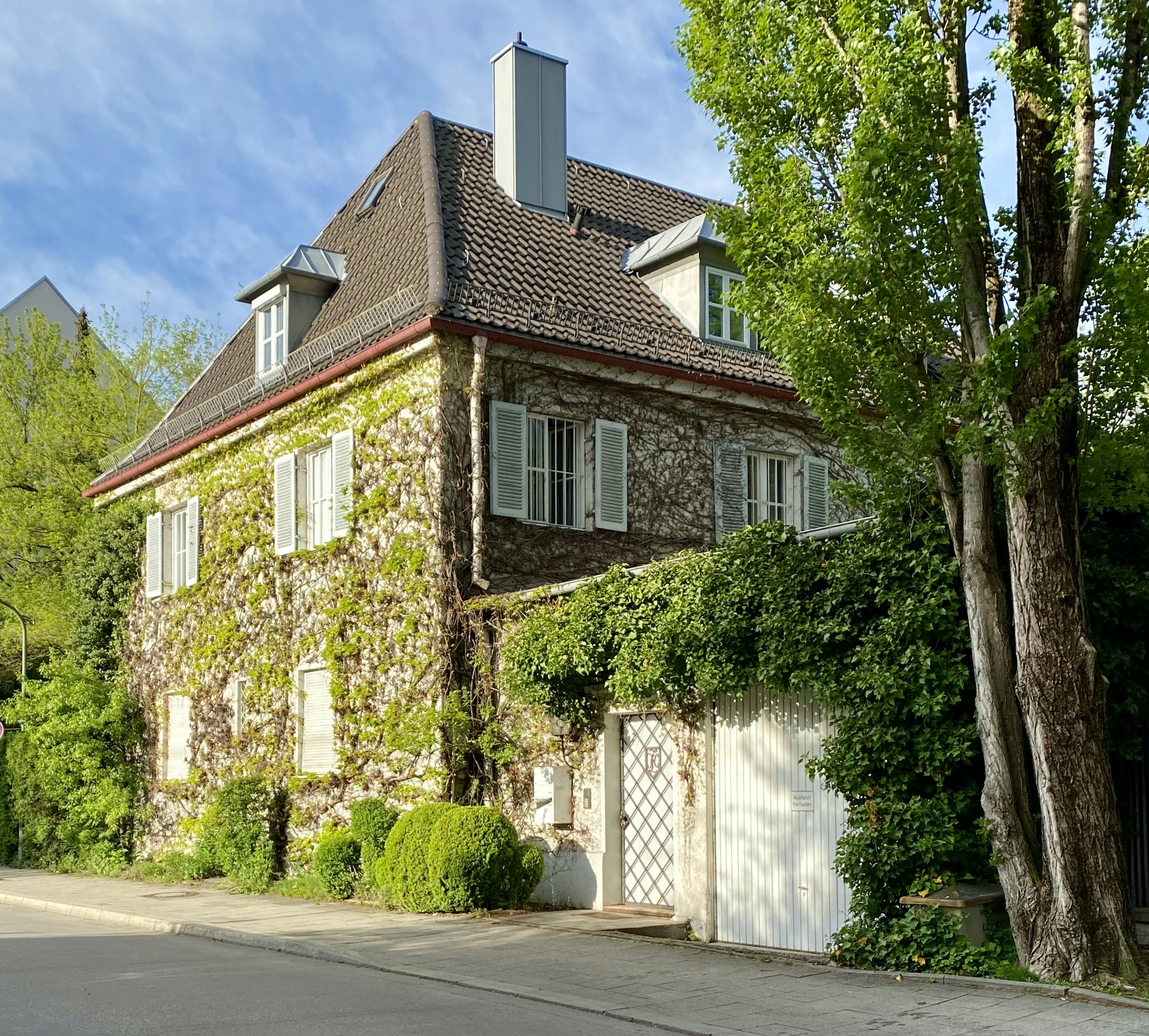 Charming house draped in vibrant greenery, showcasing a blend of nature and architecture. The scene captures the essence of a serene urban environment.