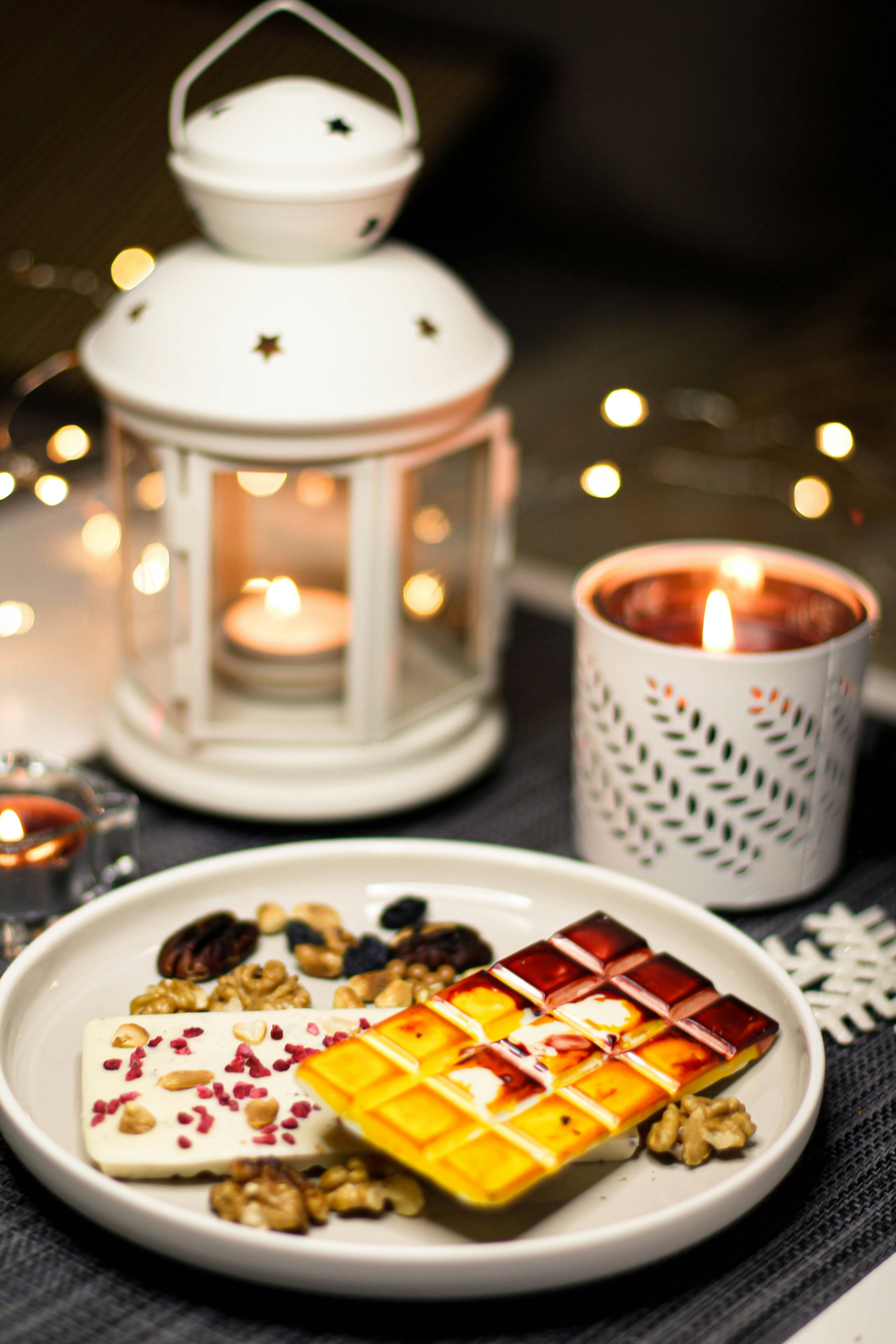 Quiet Glow: A Lantern, Candlelight, and Chocolate on a Velvet Night