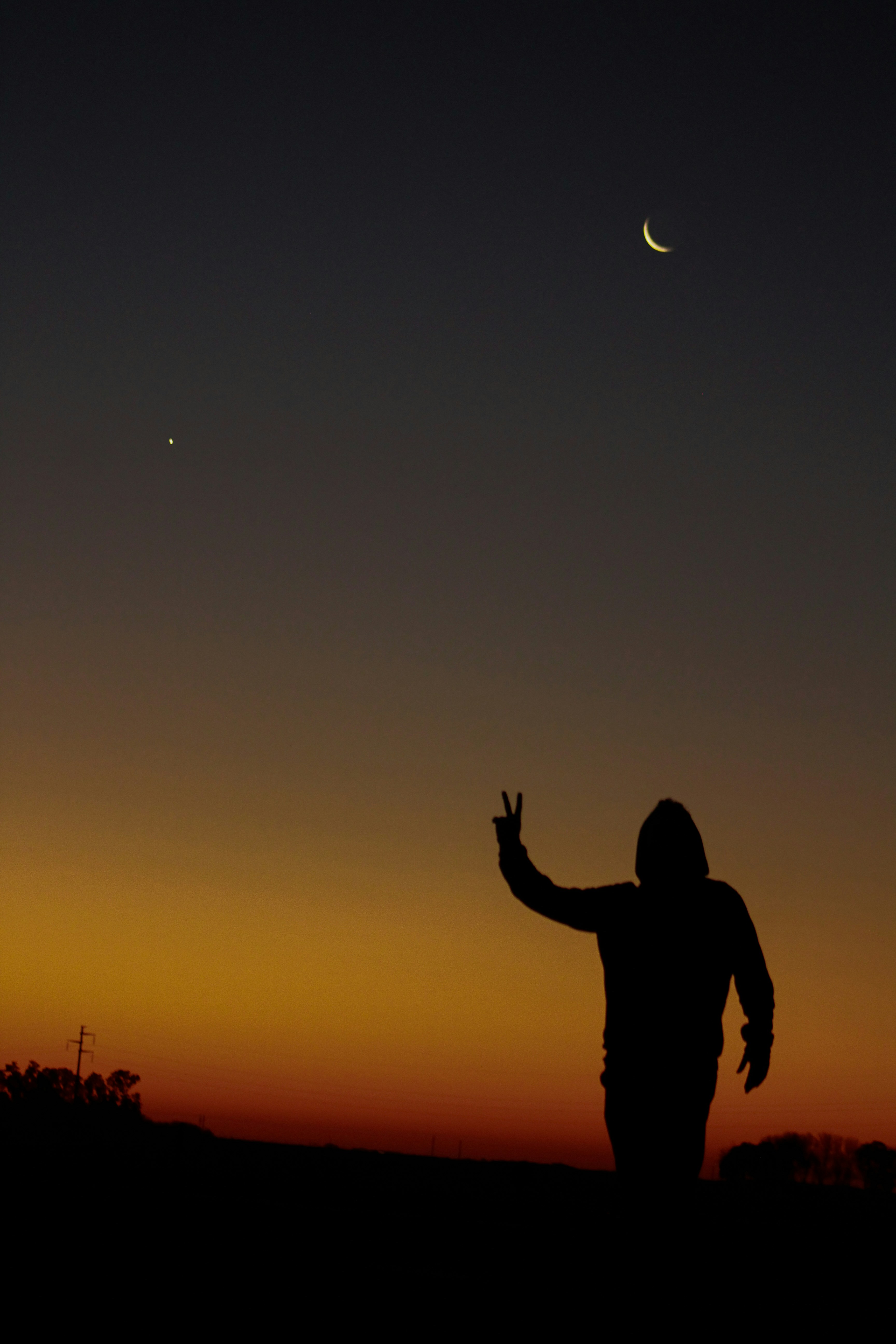 Moonlit Sign: Silhouette Peers Up at a Crescent and a Distant Planet at Dusk