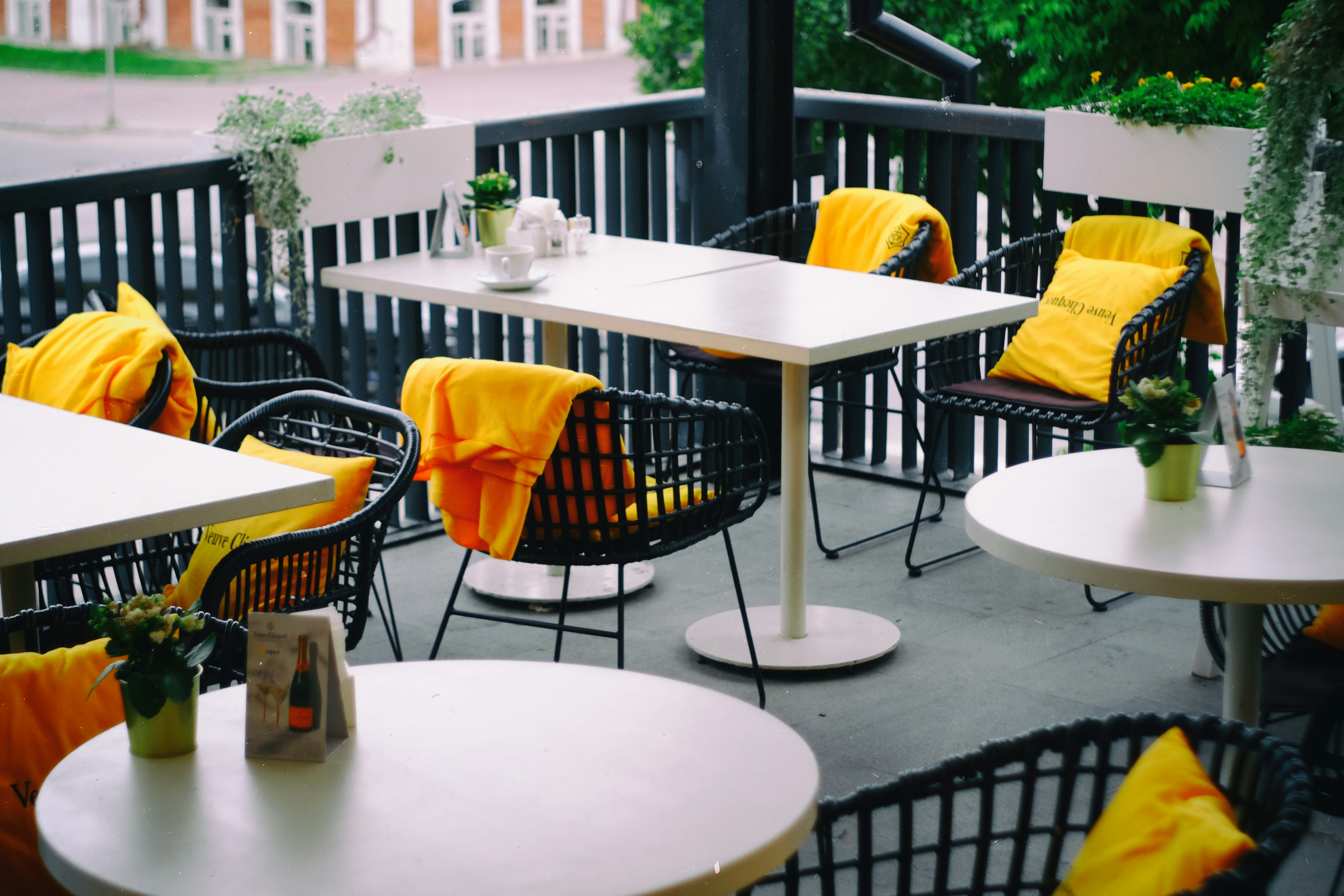 Cozy outdoor café setting featuring white tables and black wicker chairs adorned with vibrant yellow throws. Potted plants add a touch of greenery.