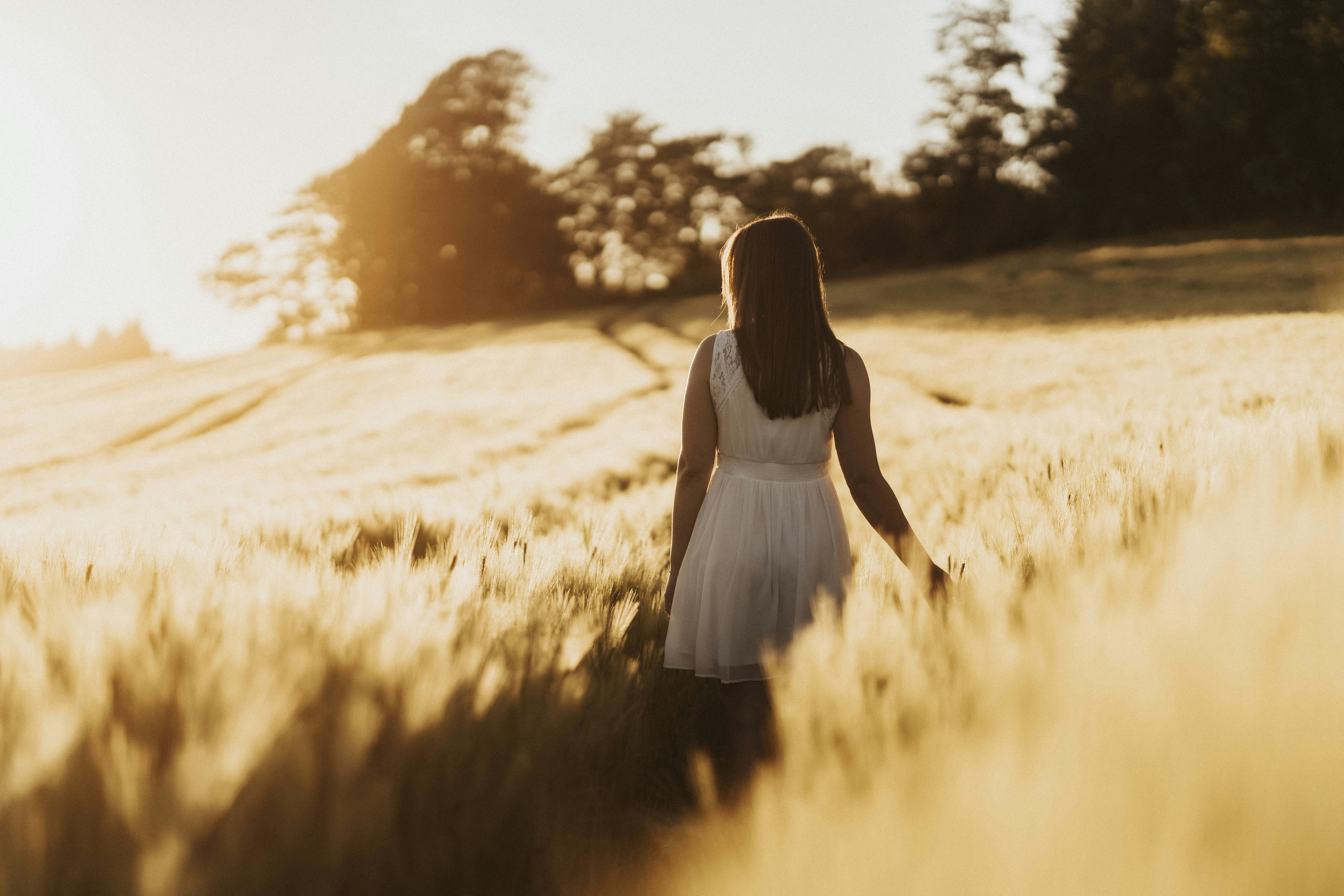 A woman in a white dress walks through a golden field, bathed in warm sunlight. The landscape features gentle hills and a serene atmosphere.